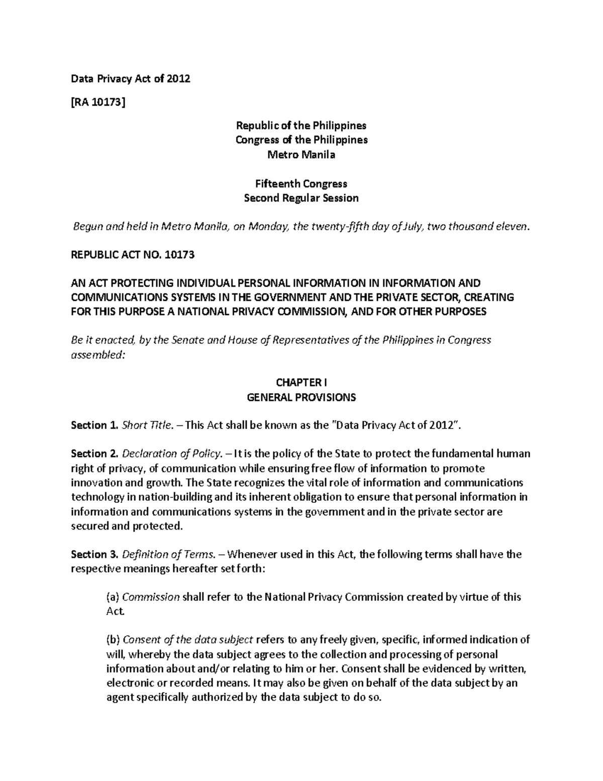 Data Privacy Act of 2012 RA10173 - Data Privacy Act of 2012 [RA 10173 ...