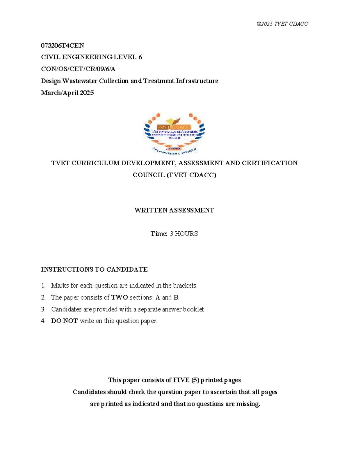 TVET CDACC 073206T4CEN Civil Engineering Level 6 Wastewater Design ...