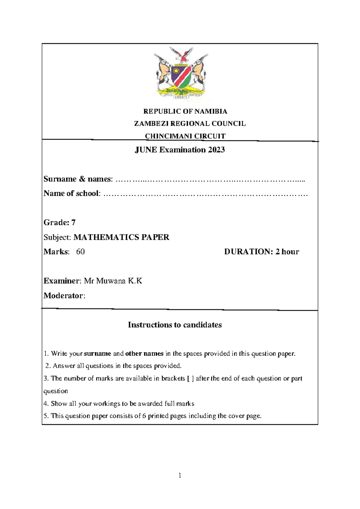 Maths GR7 JUNE Exam 2023 - Assessment Paper & Marking Guide - Studocu