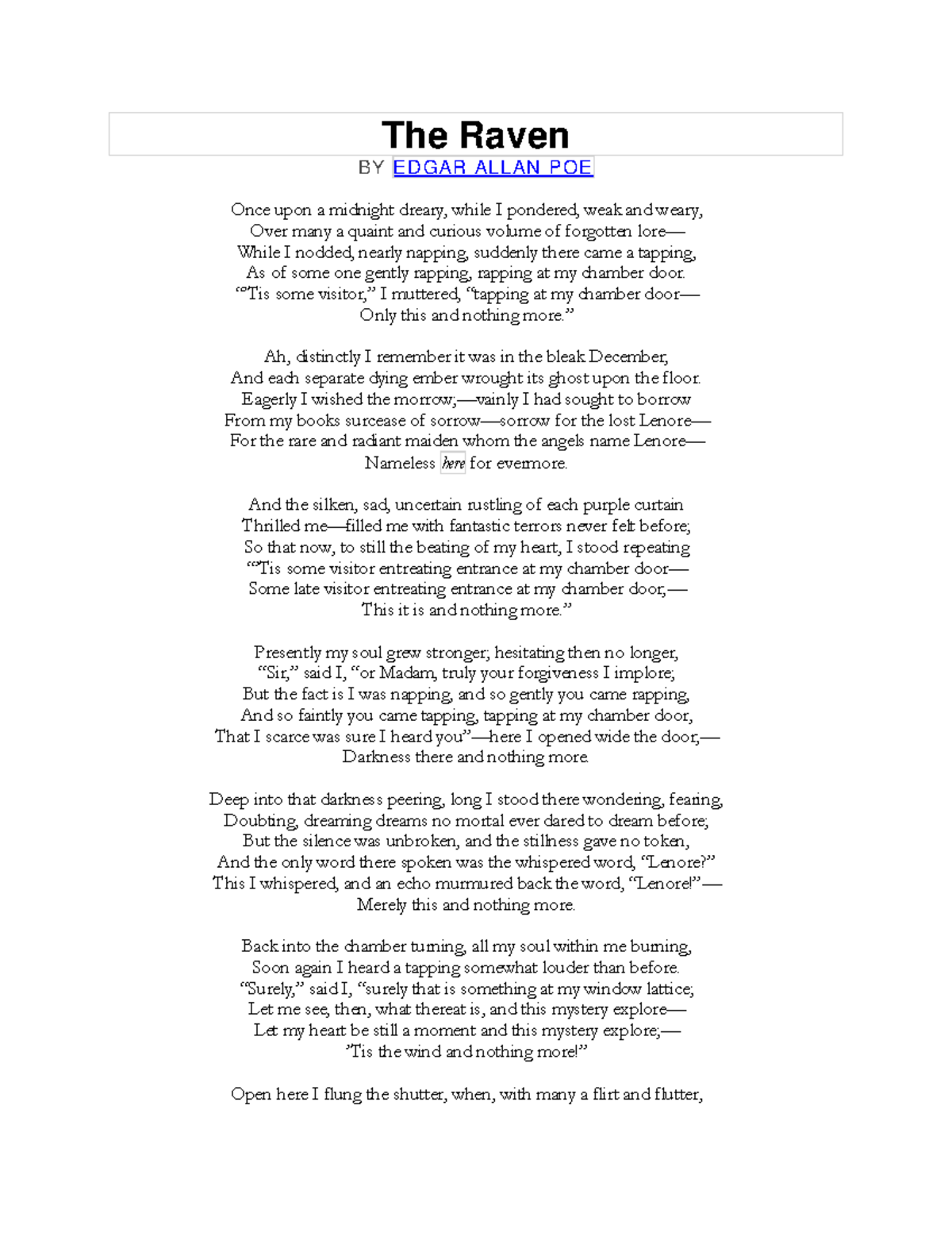 The Raven: An Analysis of Edgar Allan Poe's Haunting Poem - Studocu