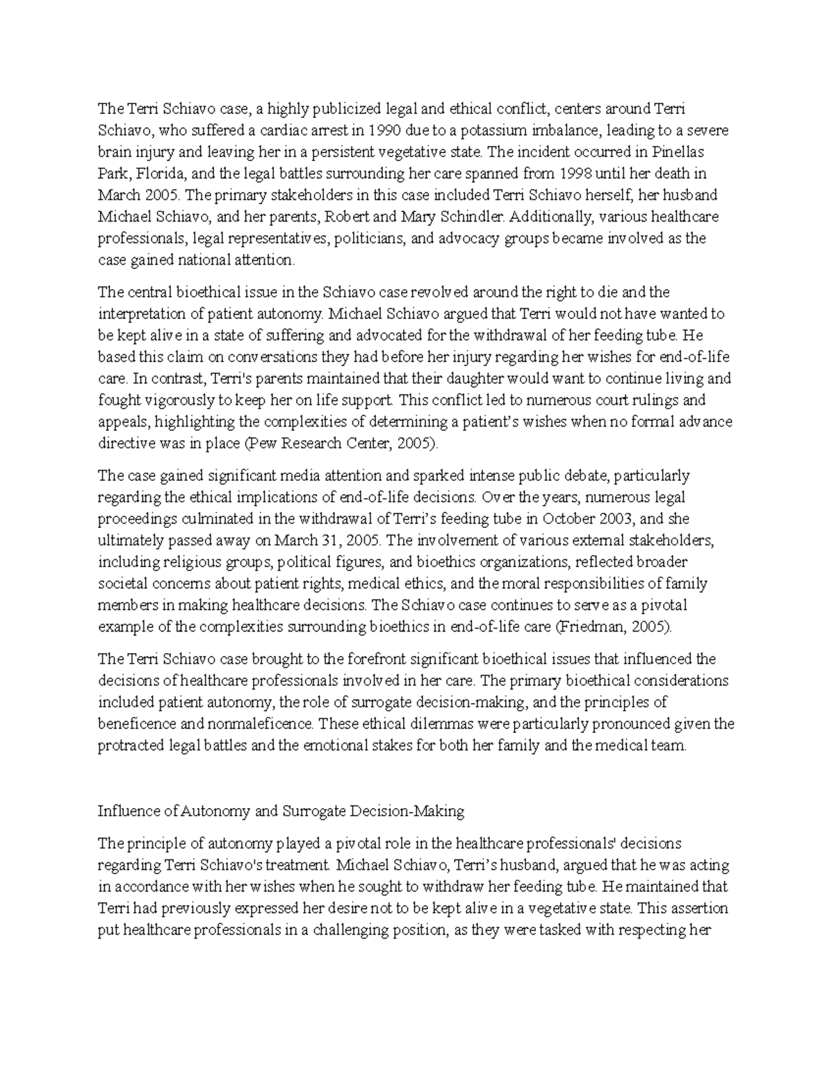 8-1 Bioethics Short Paper: Analyzing the Terri Schiavo Case - Studocu