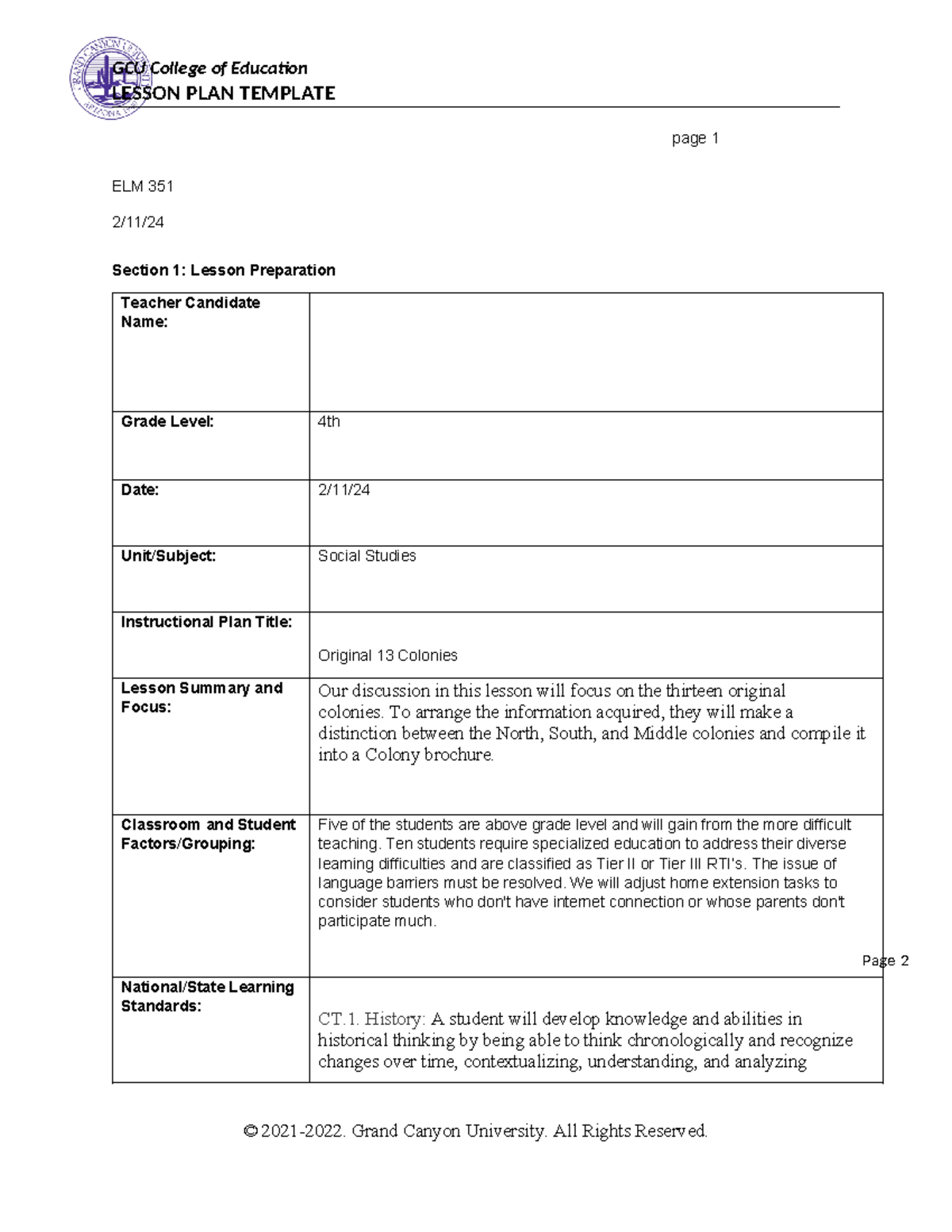 ELM 351 Topic 4 - Lesson Plan on the Original 13 Colonies - Studocu