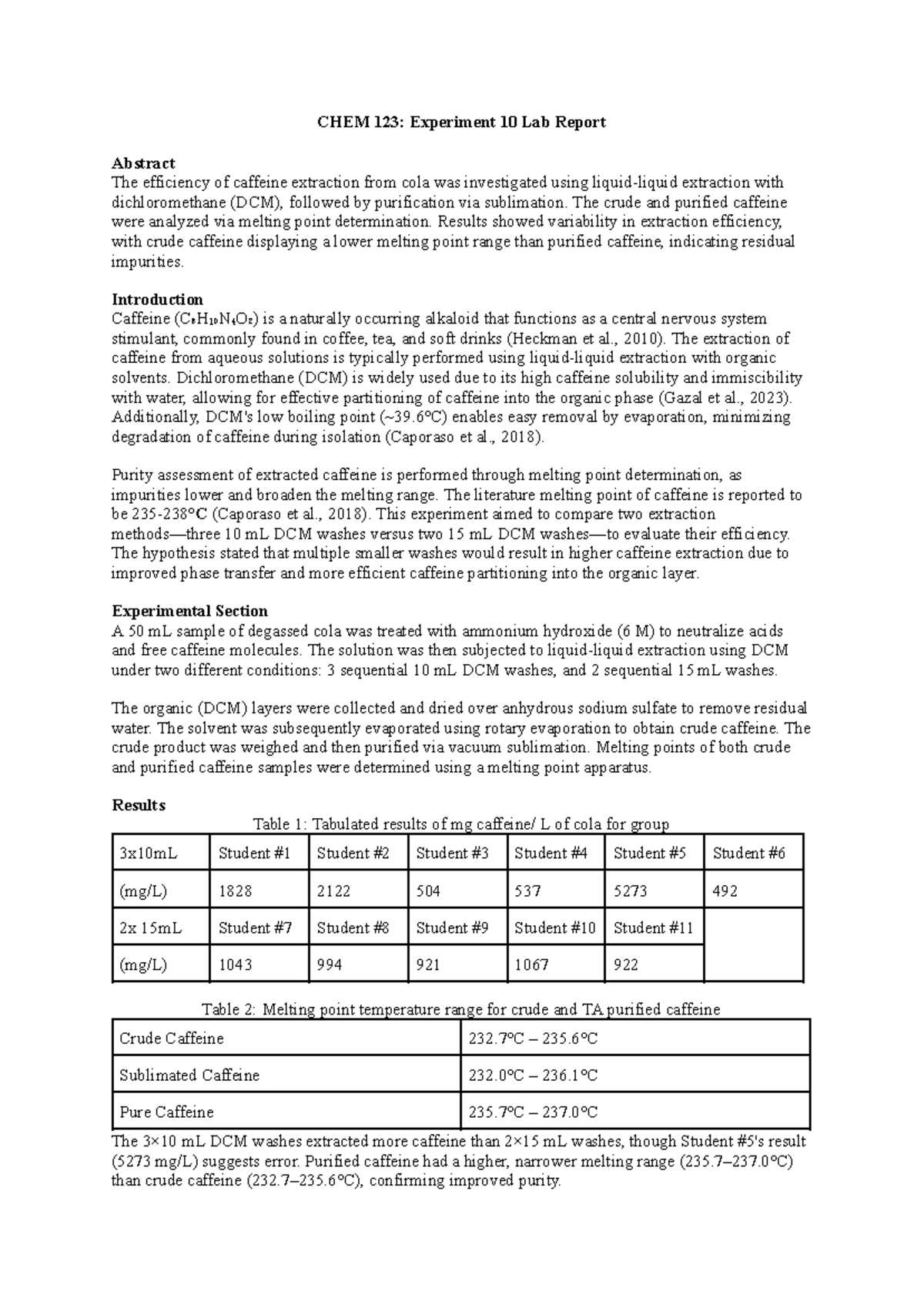 CHEM 123 Experiment 10: Caffeine Extraction Efficiency Lab Report - Studocu