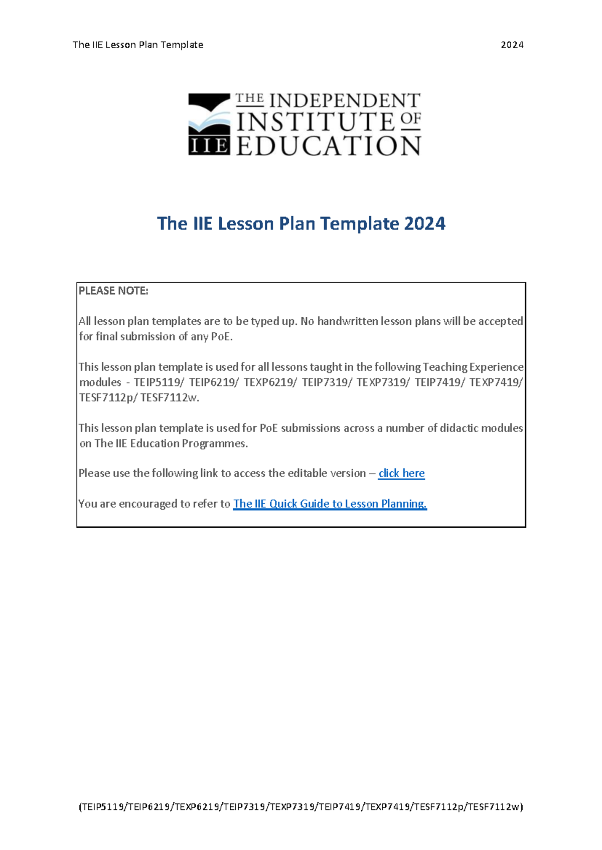 IIE Lesson Plan Template 2024 for Afrikaans Punktuasie (TESF7112w ...