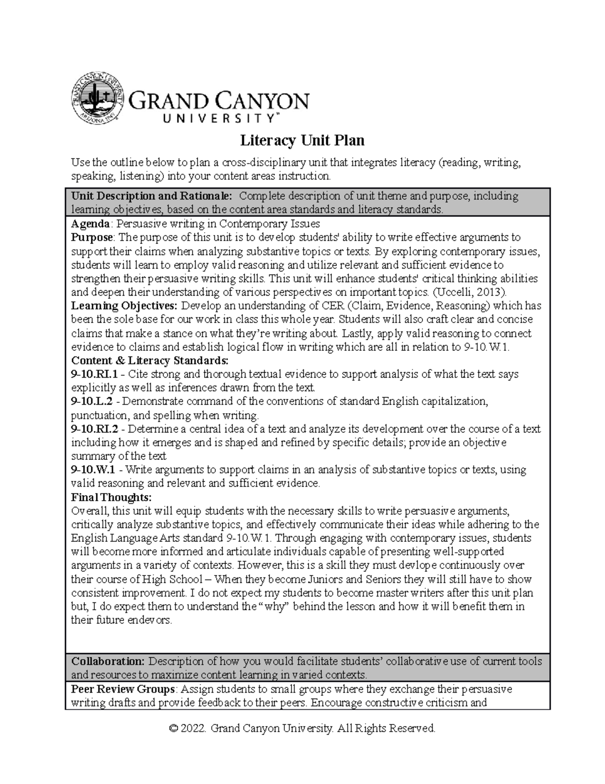 SEC-545-UO Benchmark - n/a - Literacy Unit Plan Use the outline below ...