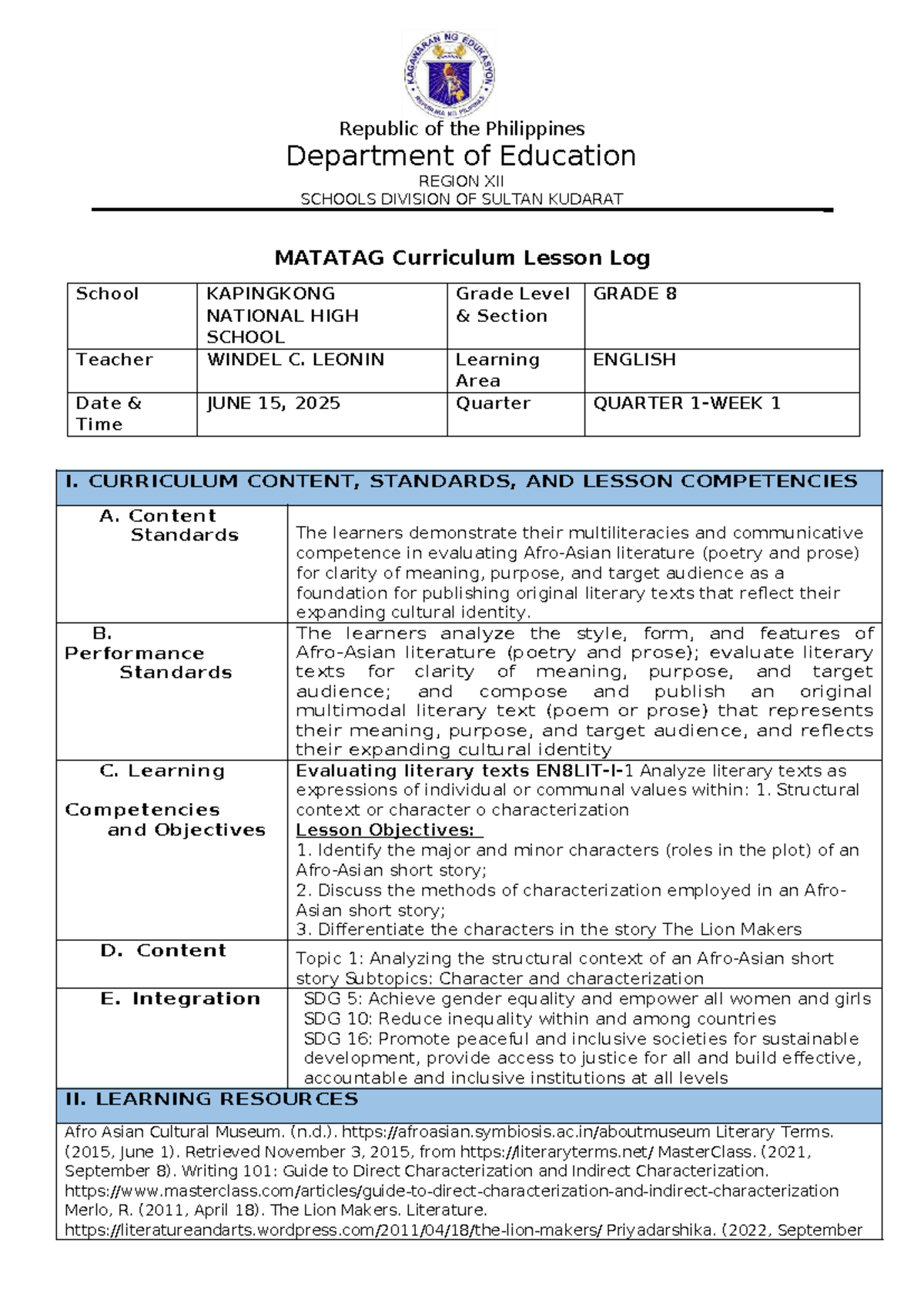 Grade 8 English Lesson Log: Characterization & Literary Analysis - Studocu
