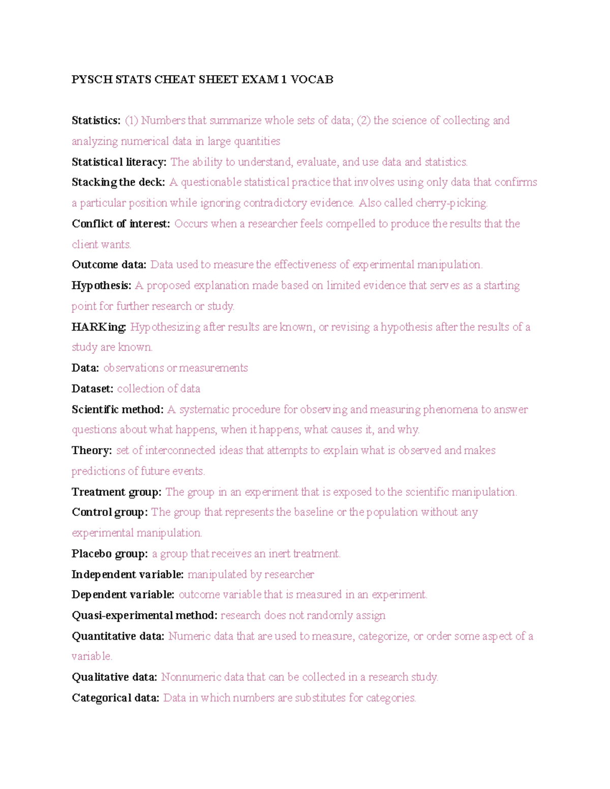 PSYCH STATS EXAM 1 CHEAT SHEET & VOCAB REVIEW - Studocu