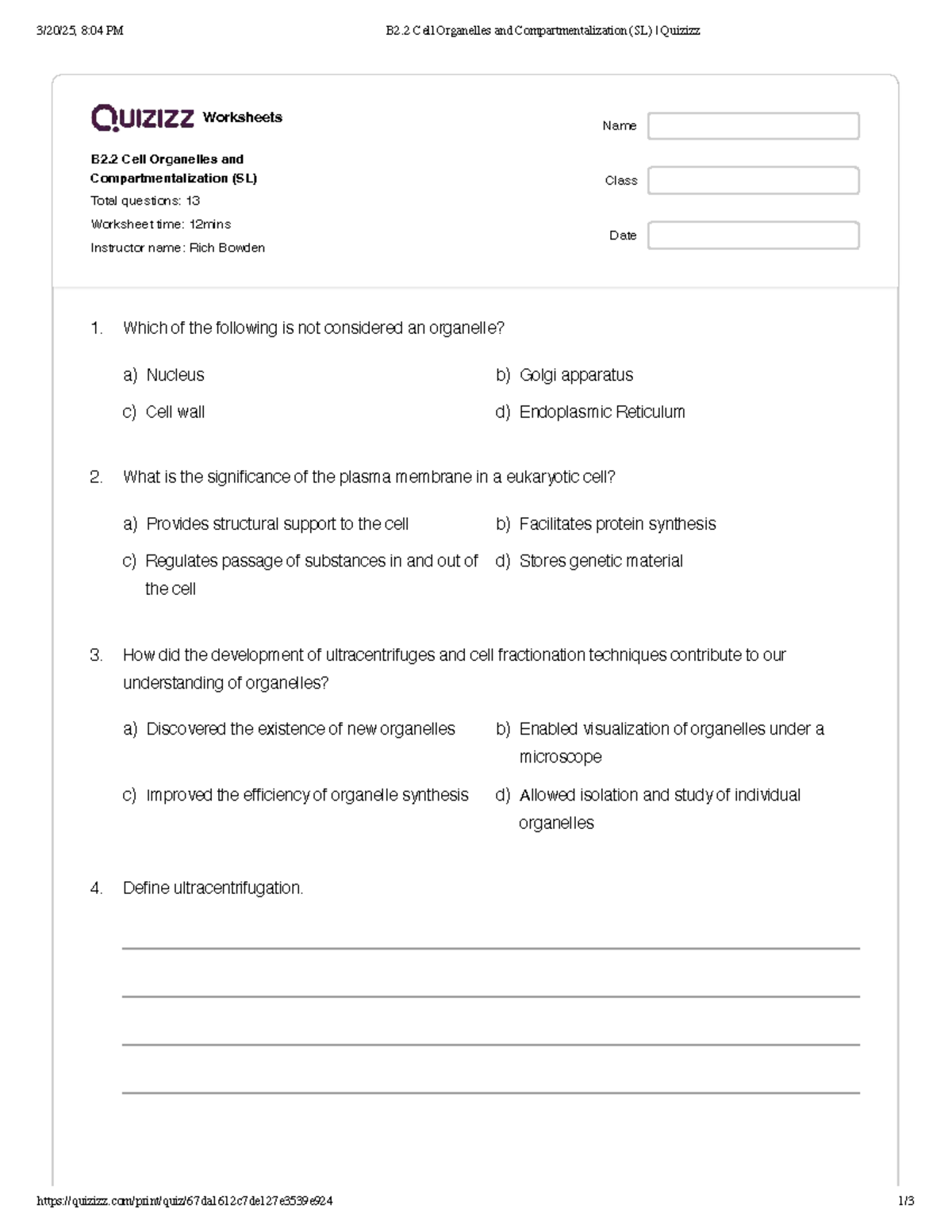 B2.2 Cell Organelles & Compartmentalization (SL) Quizizz Worksheet ...