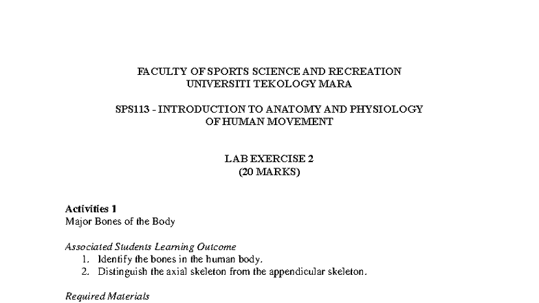 Lab Exercise 2: Anatomy & Physiology of Human Movement (SPS113) - Studocu