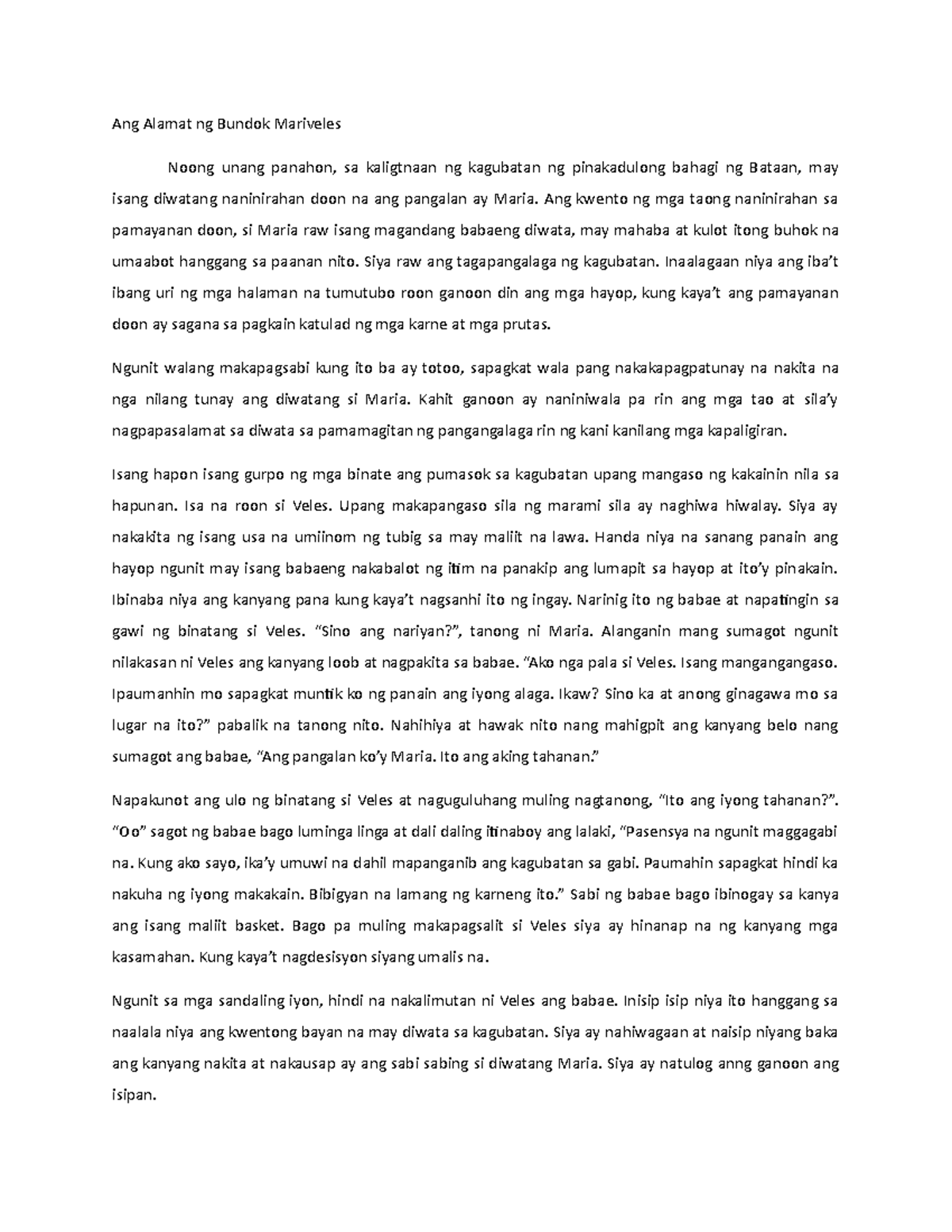 Alamat ng Bundok Mariveles: Kwento ni Maria at Veles - Studocu