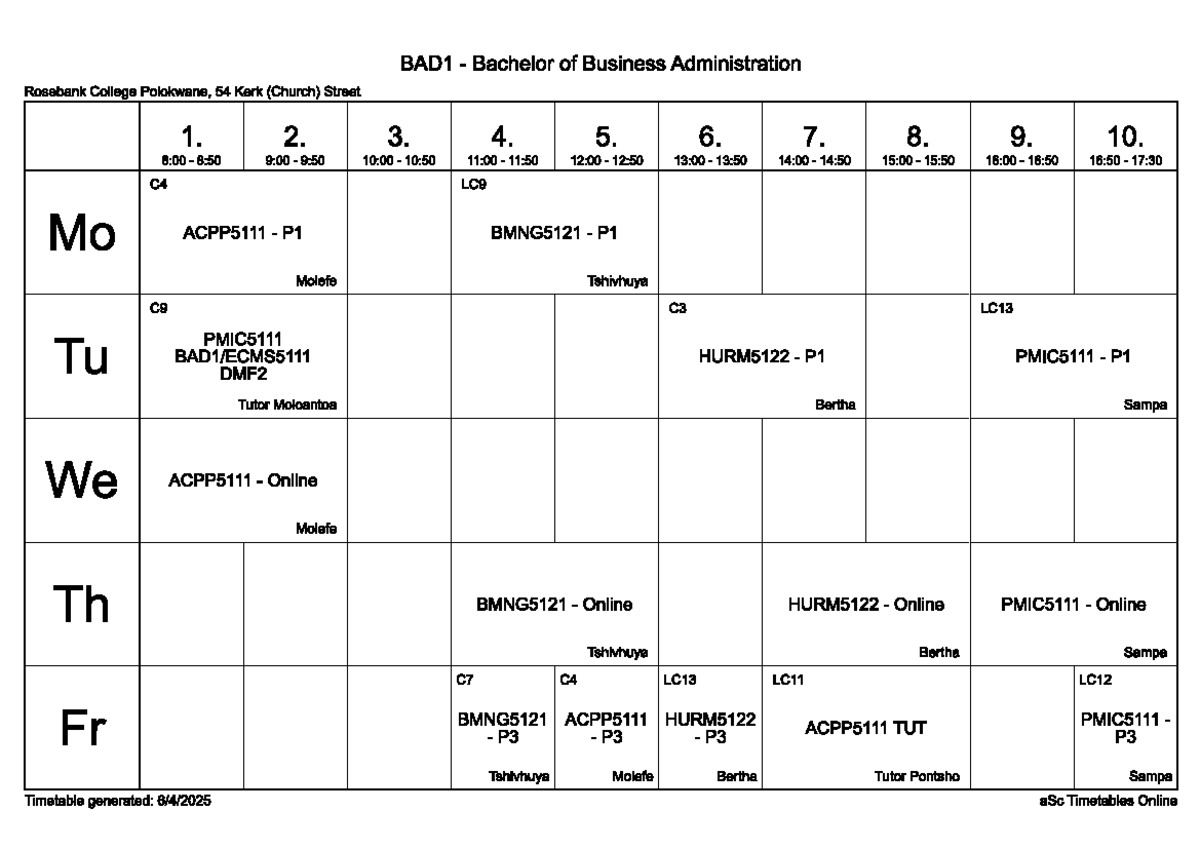 Students Timetable Week7 - BAD1 Bachelor of Business Administration ...
