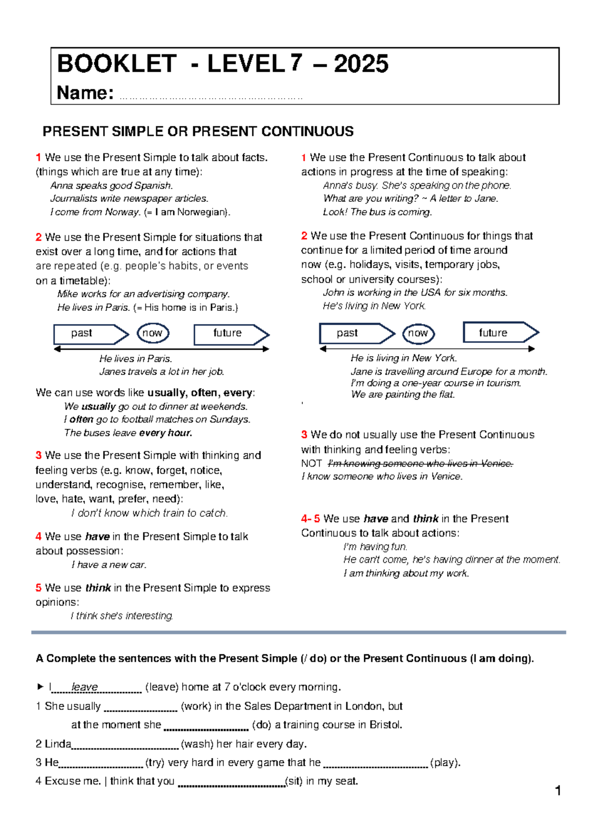 Booklet Level 75 - 2025: Present Simple vs Present Continuous Guide ...
