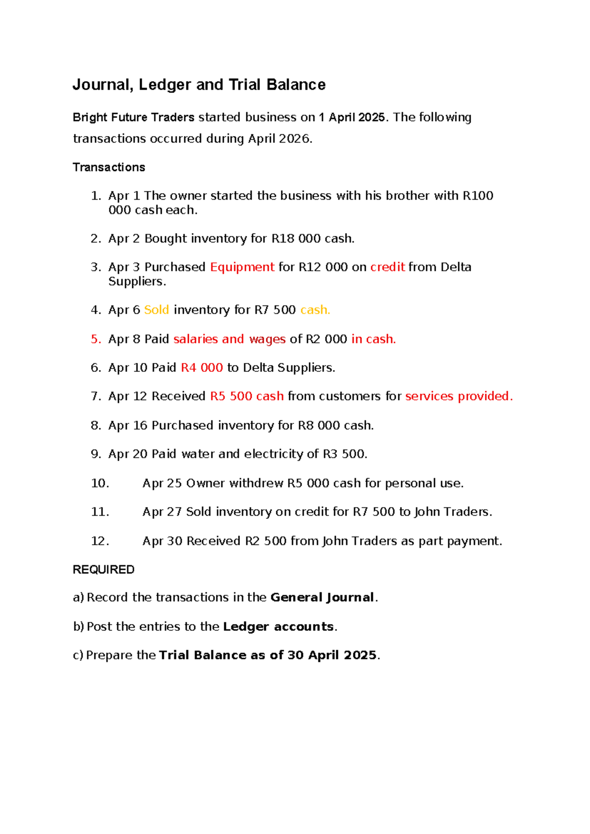 Journal, Ledger & Trial Balance for Bright Future Traders (2025) - Studocu