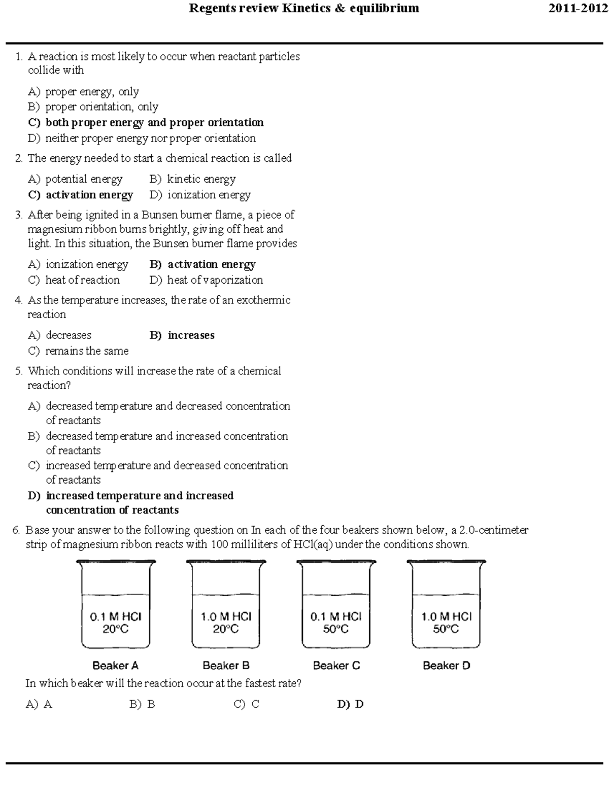 Regents Review: Kinetics & Equilibrium Study Guide 2011-2012 Insights ...