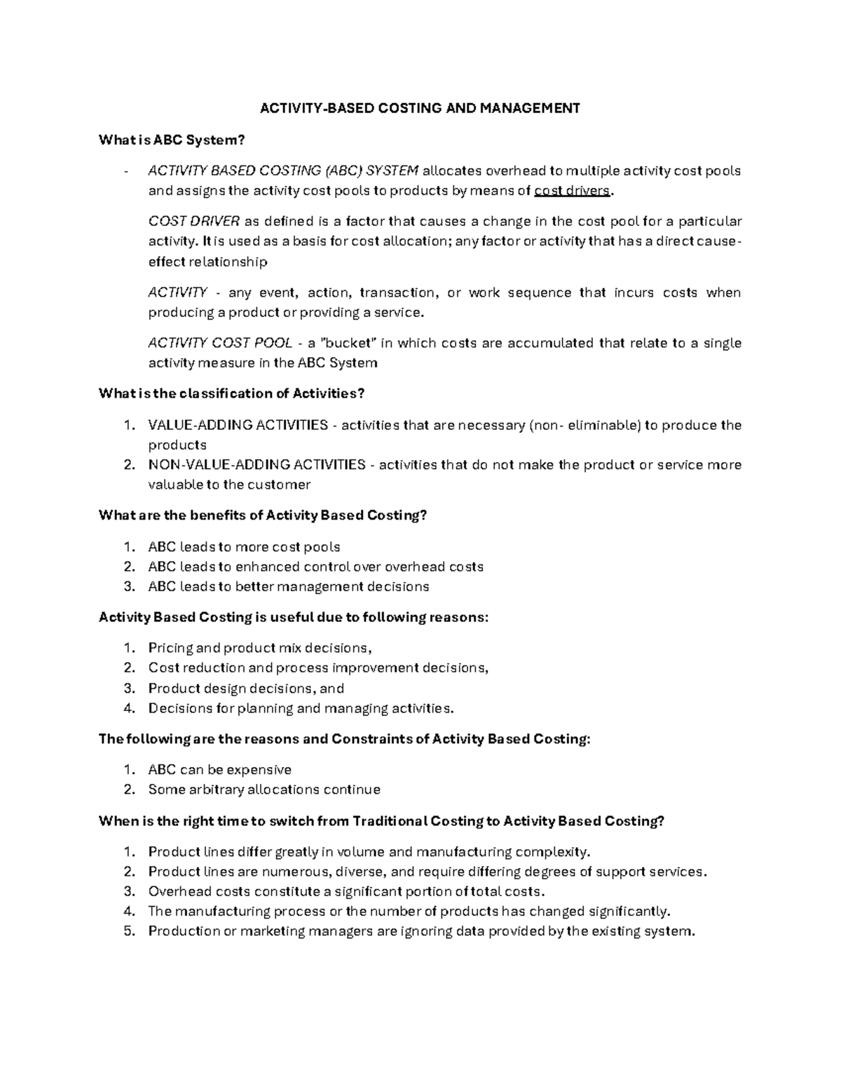 COSTING 101: Understanding Activity Based Costing (ABC) System - Studocu