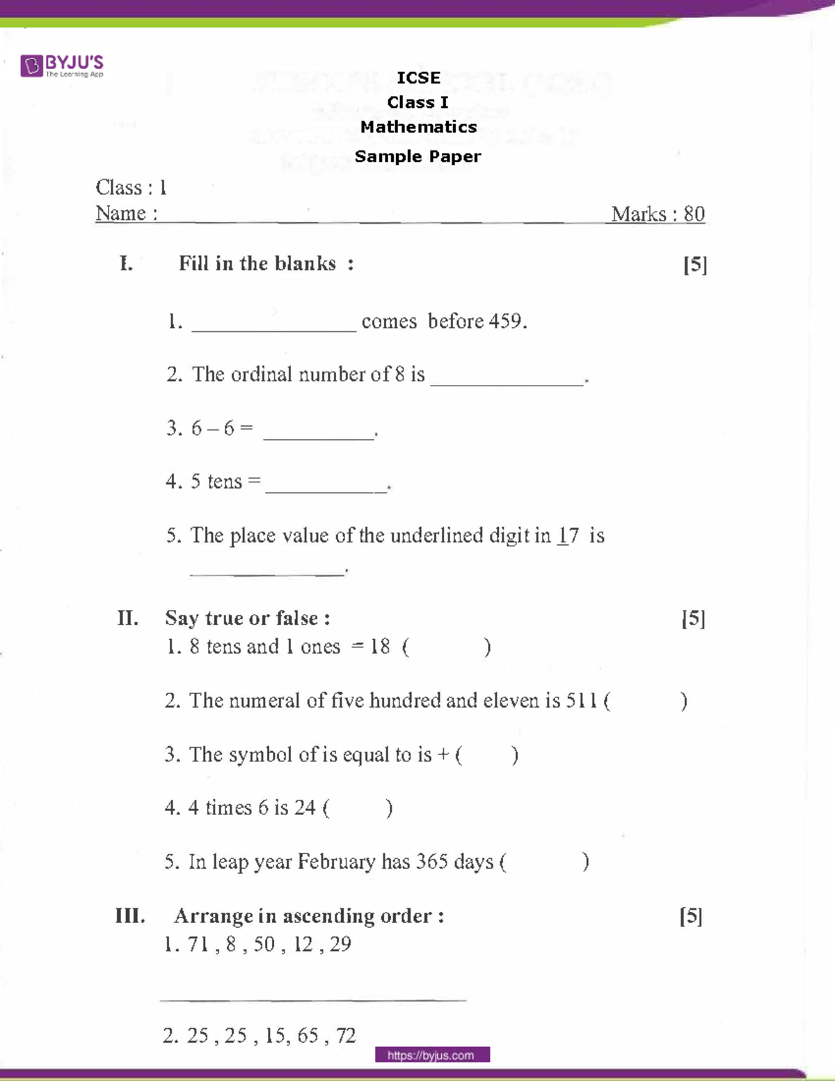 ICSE Class 1 Maths Sample Paper with Fill in the Blanks & True/False ...