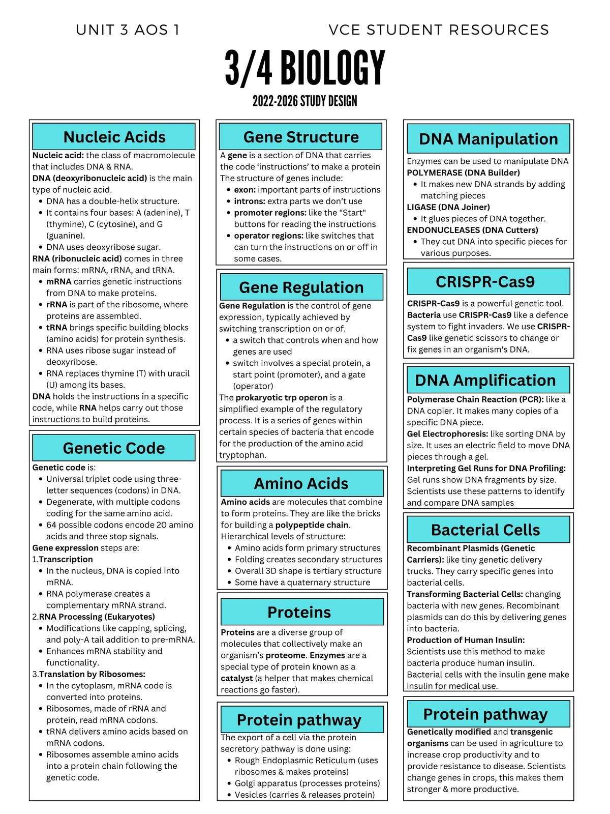 Unit 34 Revision: Exam Prep Notes for Biology AOS 1 & 2 - Studocu