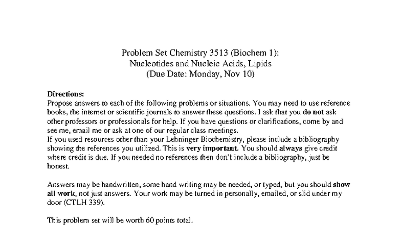Problem Set III Chemistry 3513: Nucleotides, Lipids & Biodiesel - Studocu