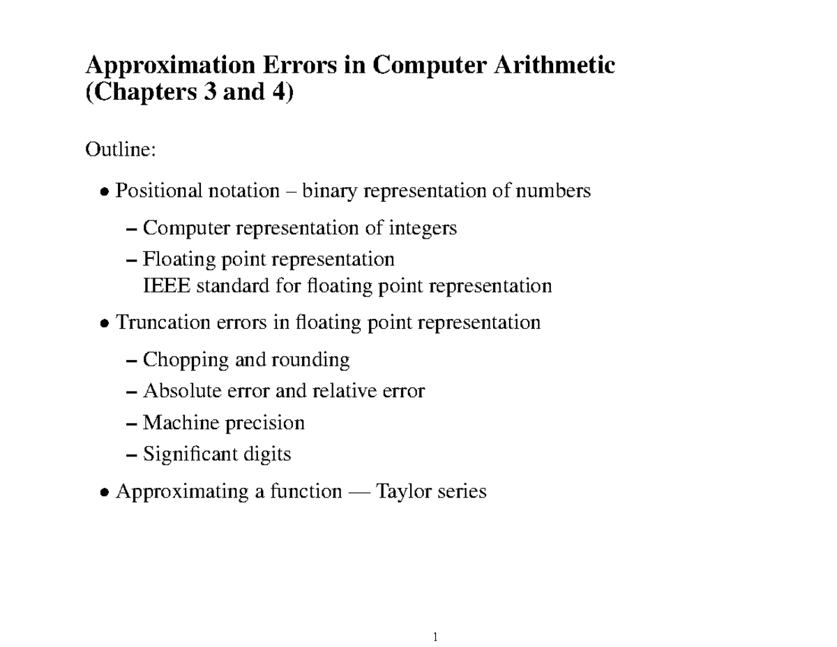 Part1 - notes - Approximation Errors in Computer Arithmetic (Chapters 3 ...