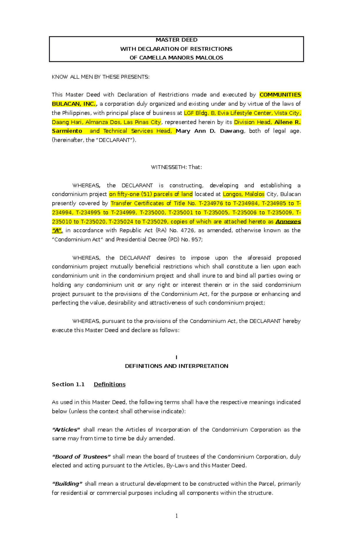 MDDR - random notes - MASTER DEED WITH DECLARATION OF RESTRICTIONS OF ...