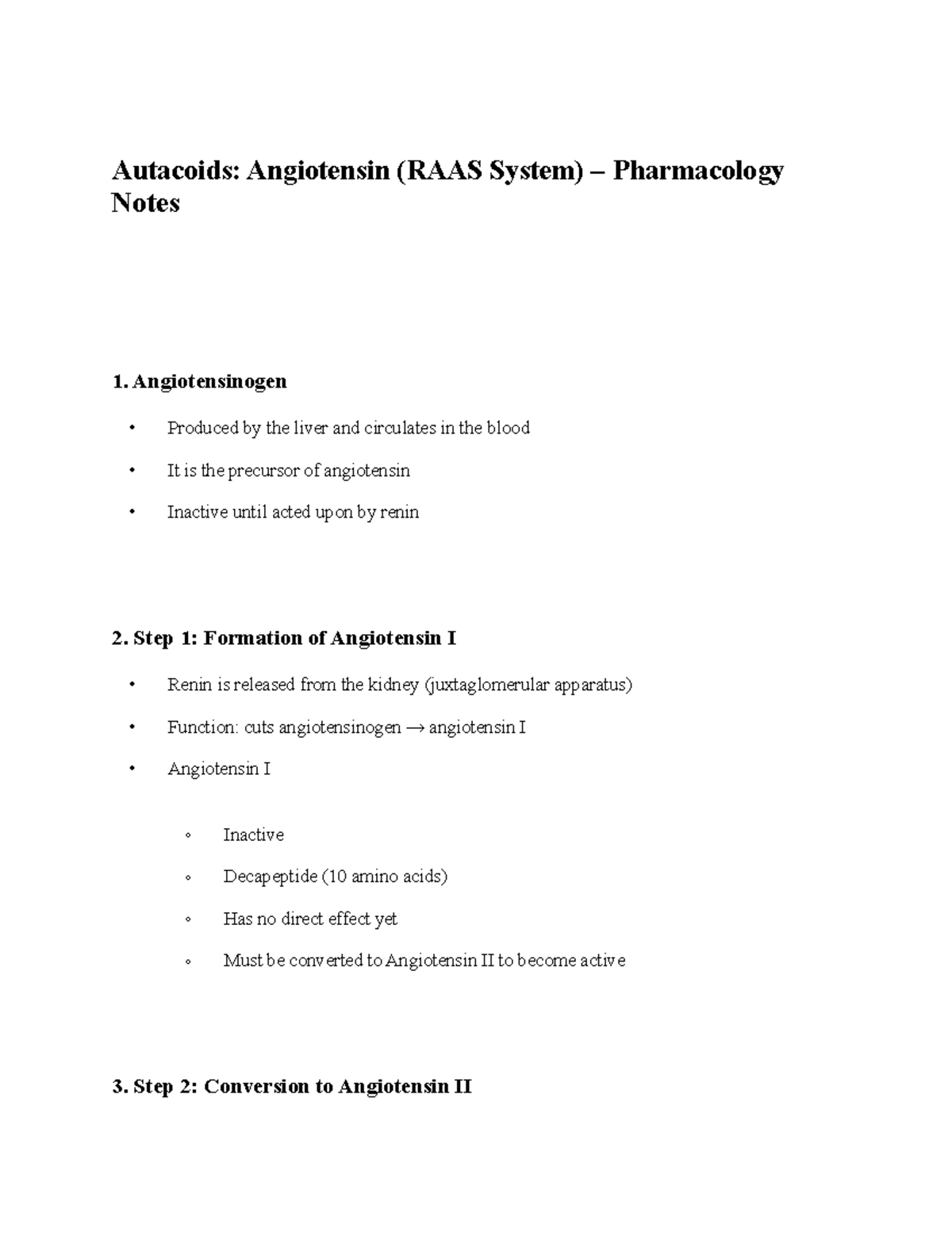 RAAS System Pharmacology Notes: Angiotensin & Its Effects - Studocu