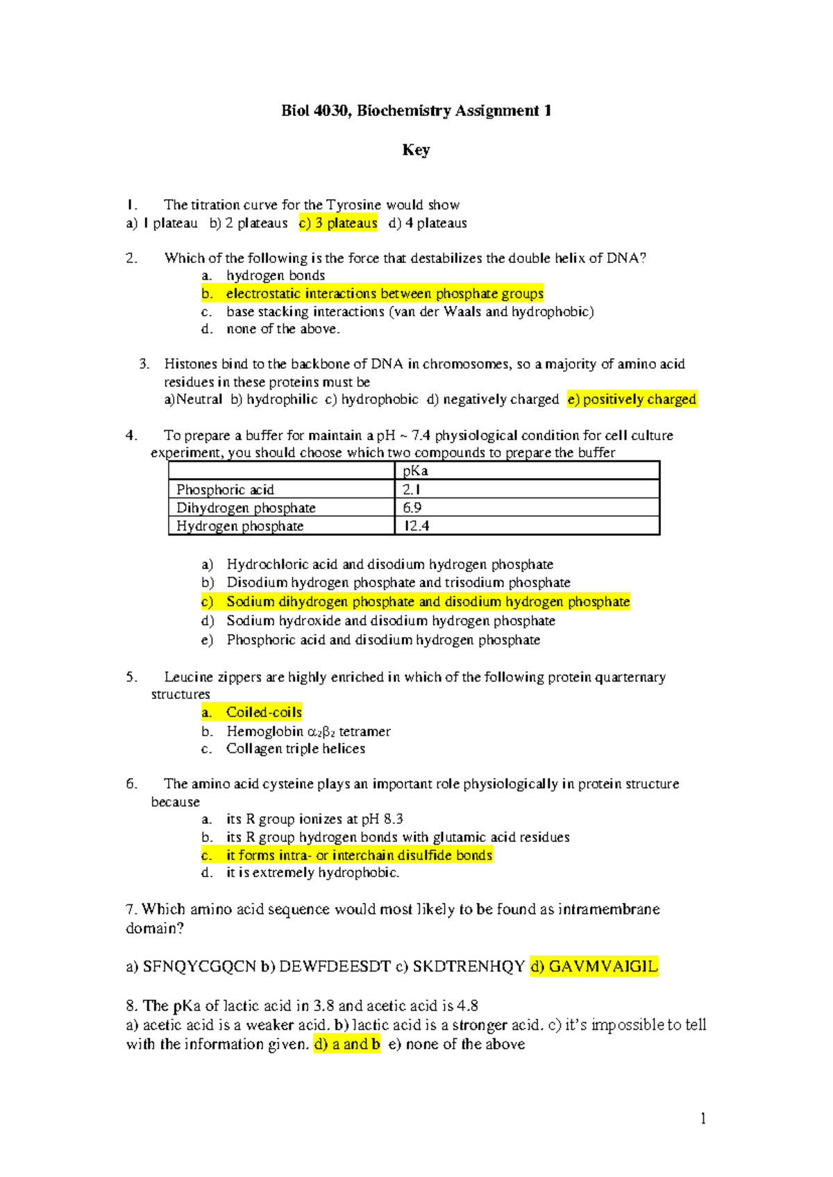 Biol 4030: Biochemistry Assignment 1 Key & Study Questions - Studocu