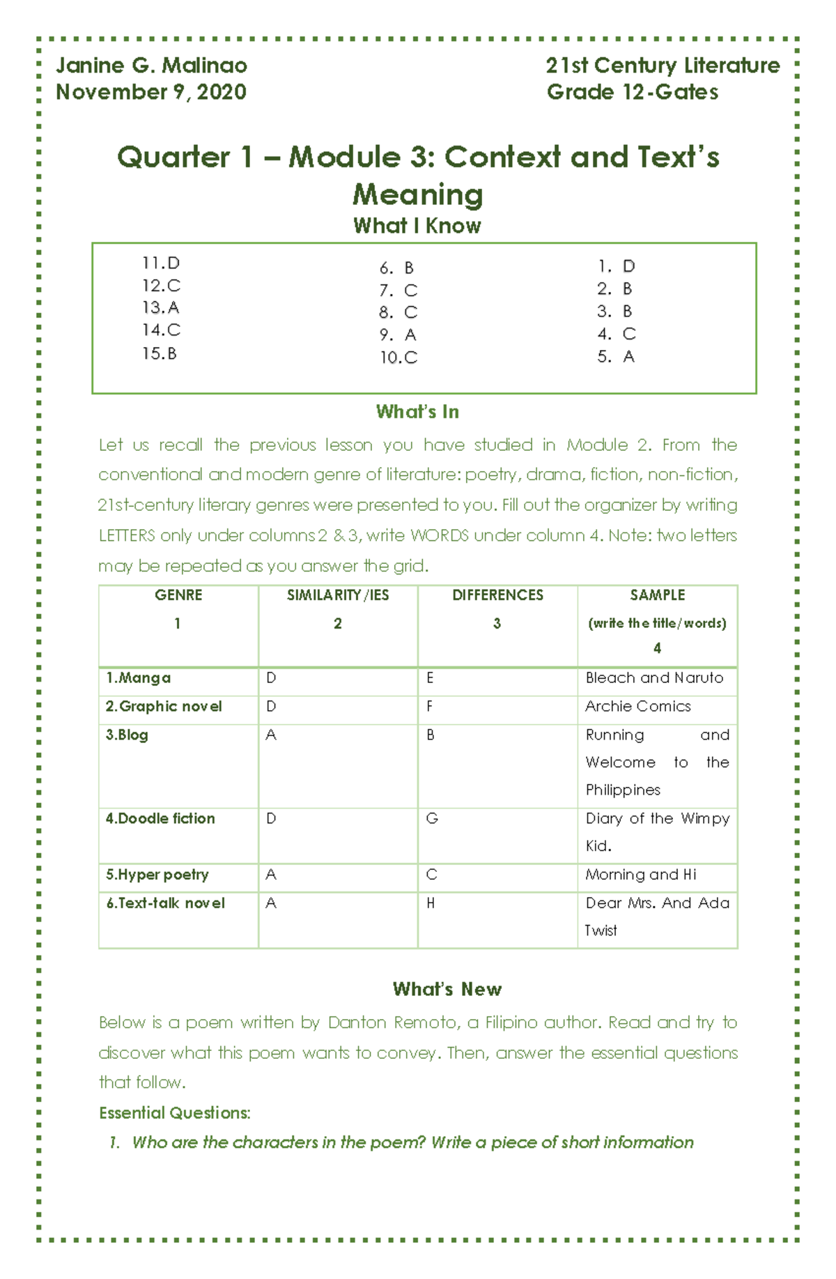 21st Century Module 3 - Quarter 1 – Module 3: Context and Text’s ...