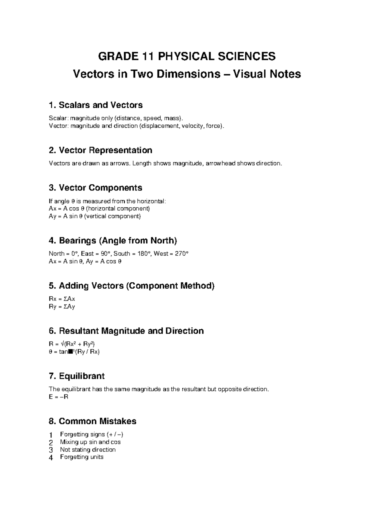 Grade 11 Physical Sciences: Vectors in 2D Visual Notes - Studocu
