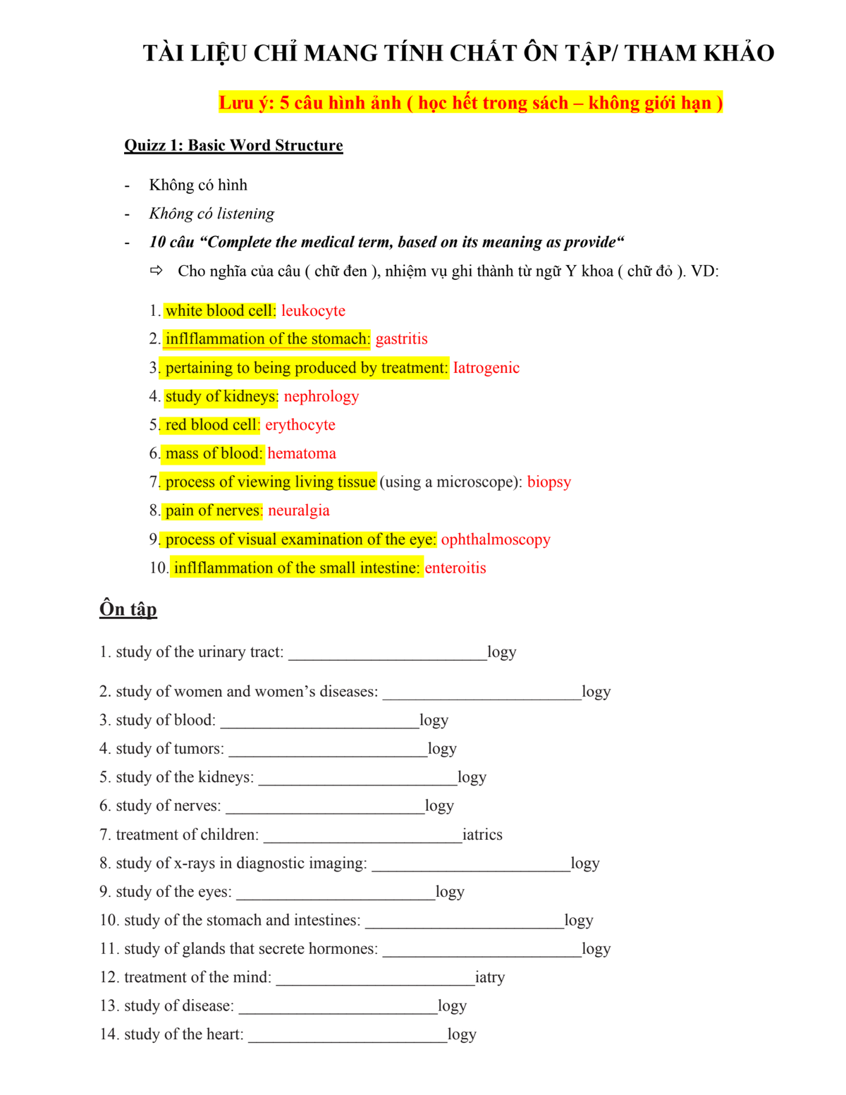 Quiz 1: Basic Medical Terminology Review and Practice - Studocu