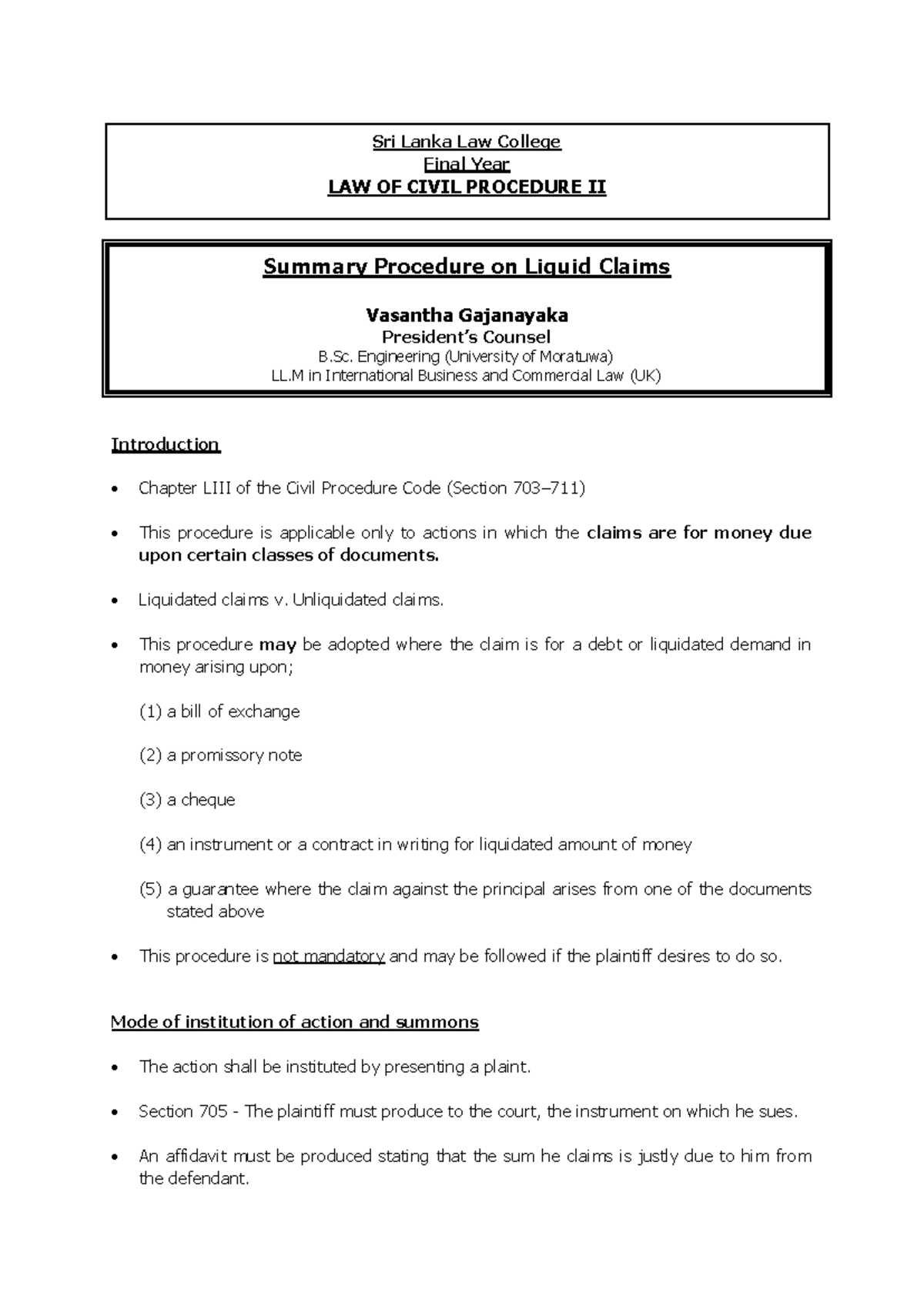 LAW 401: Summary Procedure on Liquid Claims - Final Year Overview - Studocu