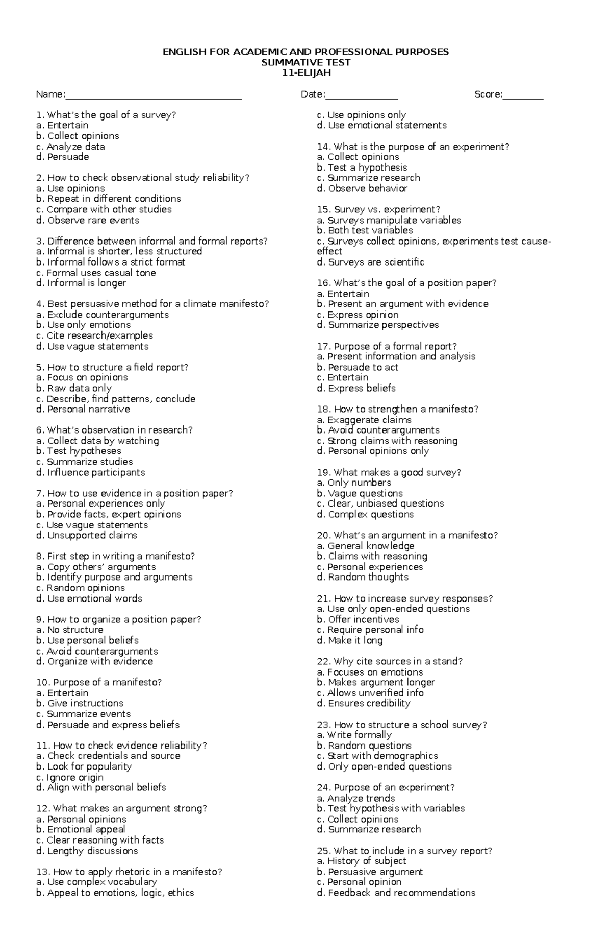 Summative - ENGLISH FOR ACADEMIC AND PROFESSIONAL PURPOSES SUMMATIVE ...