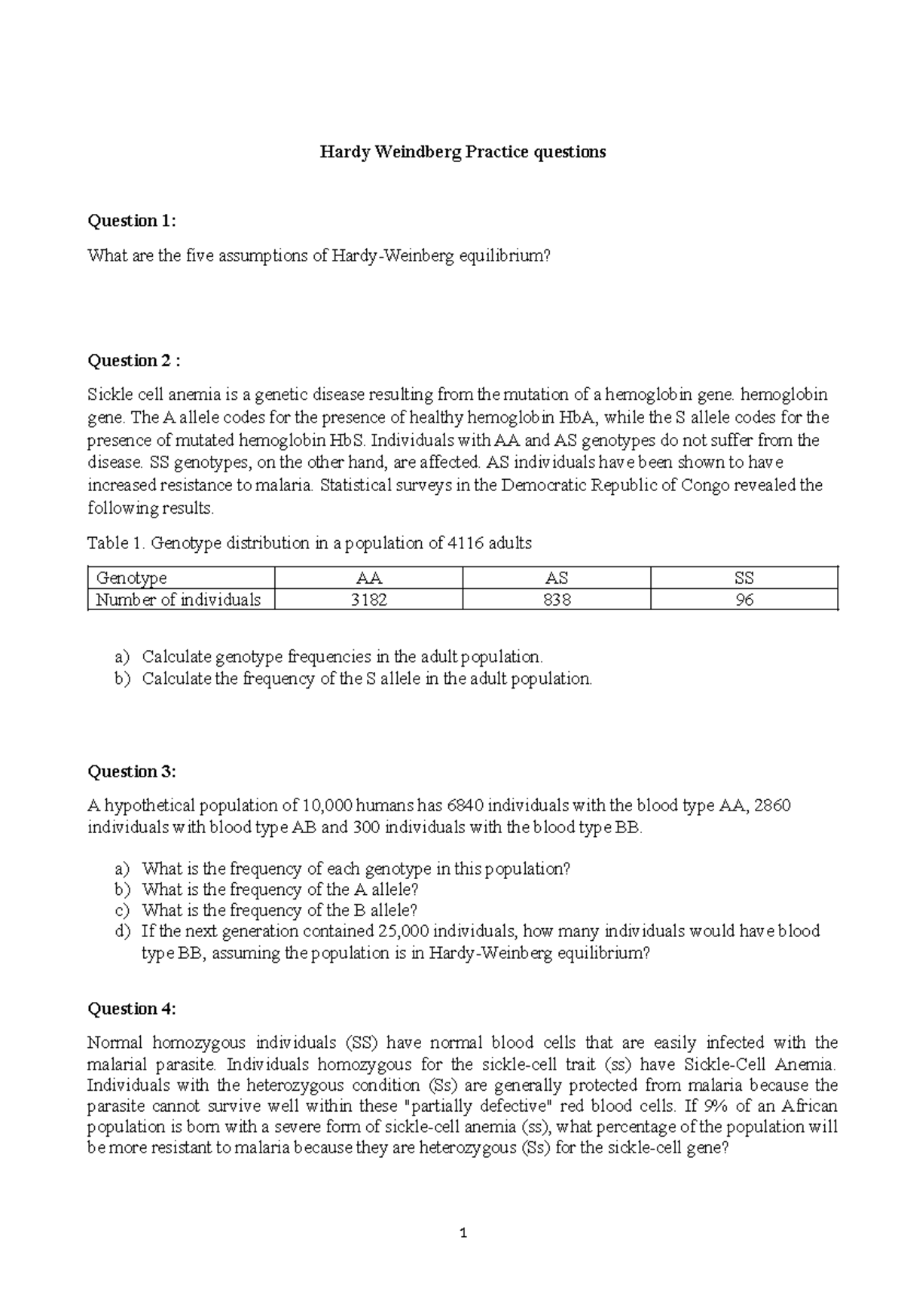 Hardy-Weinberg Practice Questions & Solutions for Genetics (BIO 101 ...