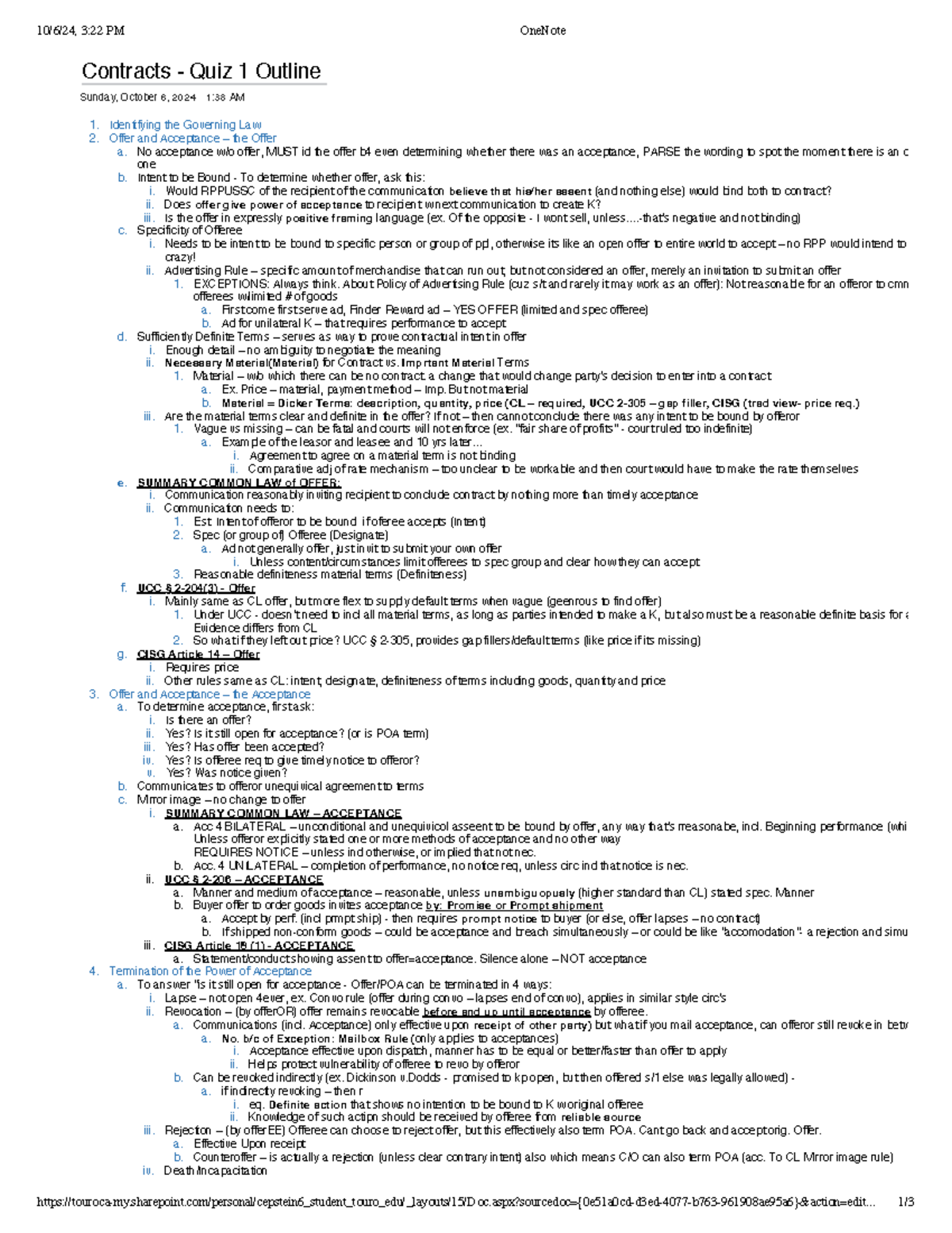 Contracts I - Quiz 1 Cheat Sheet: Offer and Acceptance Essentials - Studocu