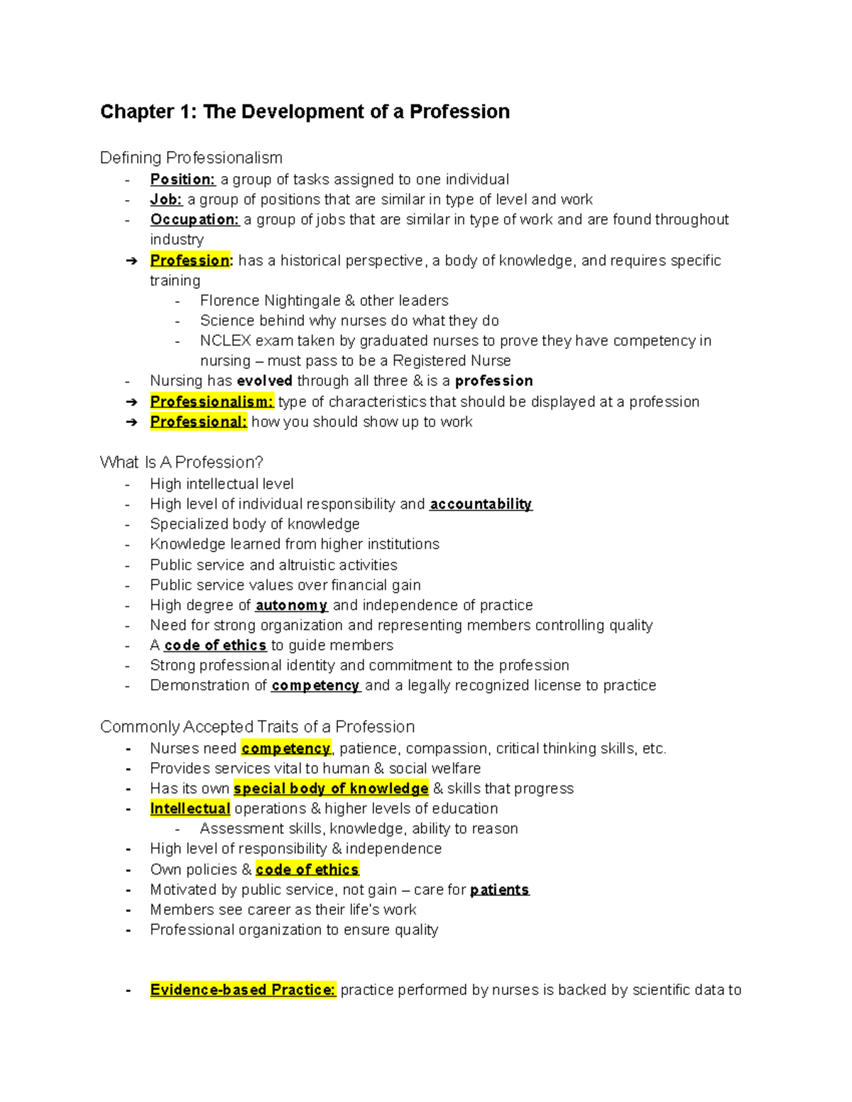NUR 101: Chapter 1 - Understanding the Development of a Profession ...