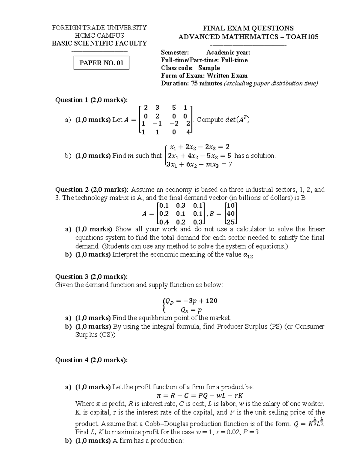 TOAH105 Advanced Mathematics Final Exam Questions - Sample Form - Studocu