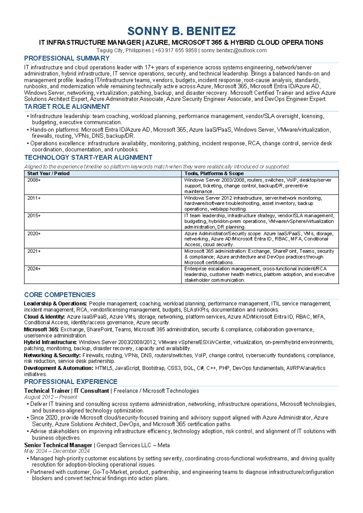 IT INFRASTRUCTURE MANAGER RESUME - SONNY B. BENITEZ - Studocu