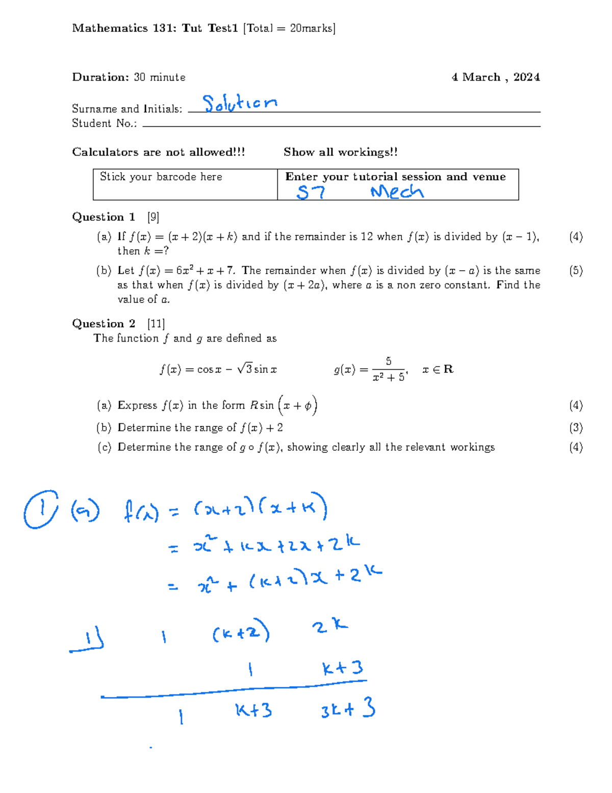 Mathematics 131: Tutorial Test 1 Solutions - March 4, 2024 - Studocu