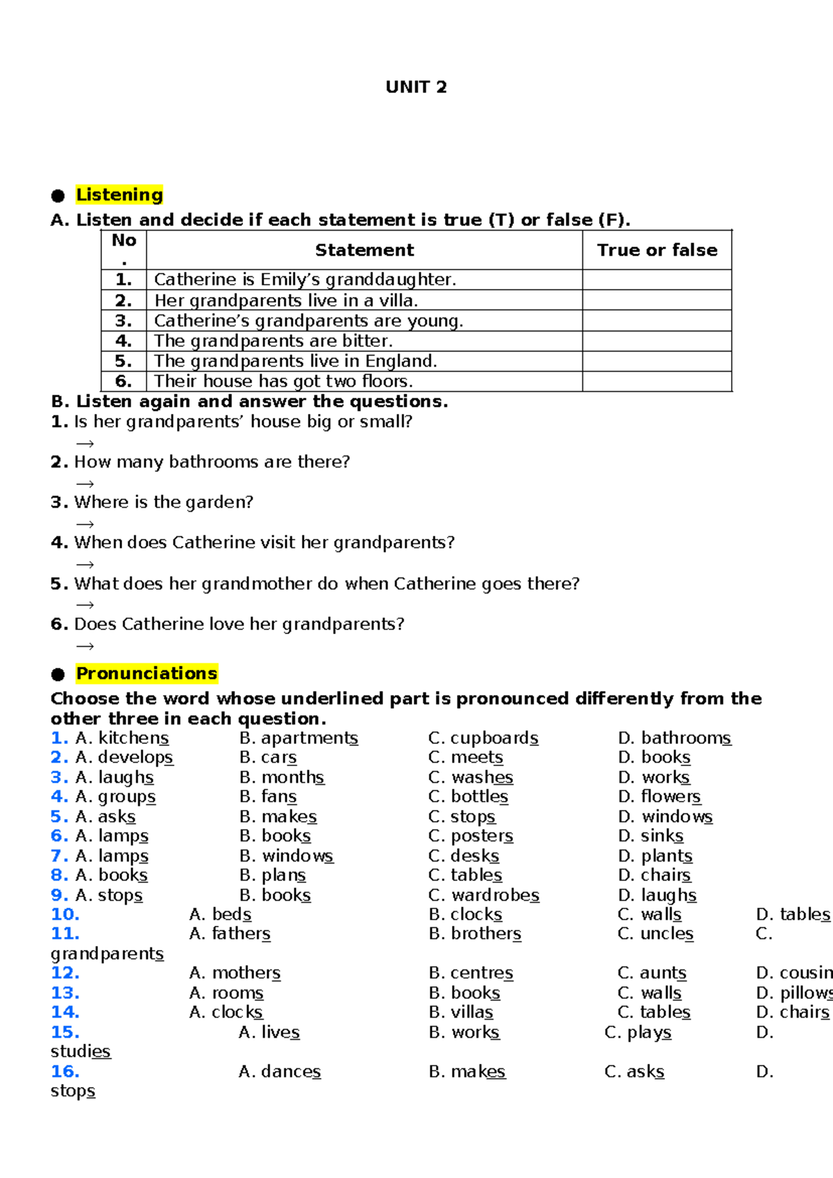 UNIT 2 Listening Practice with Key and Audio File for English 6 Global ...