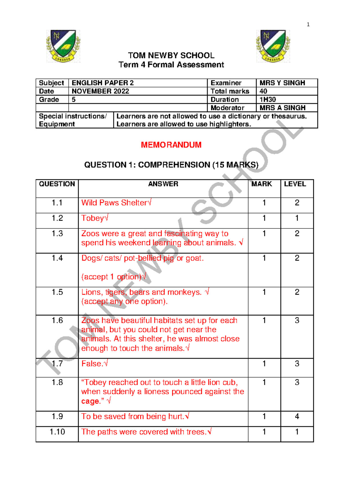 Grade 5 English Term 4 Formal Assessment Memo November 2022 - Studocu