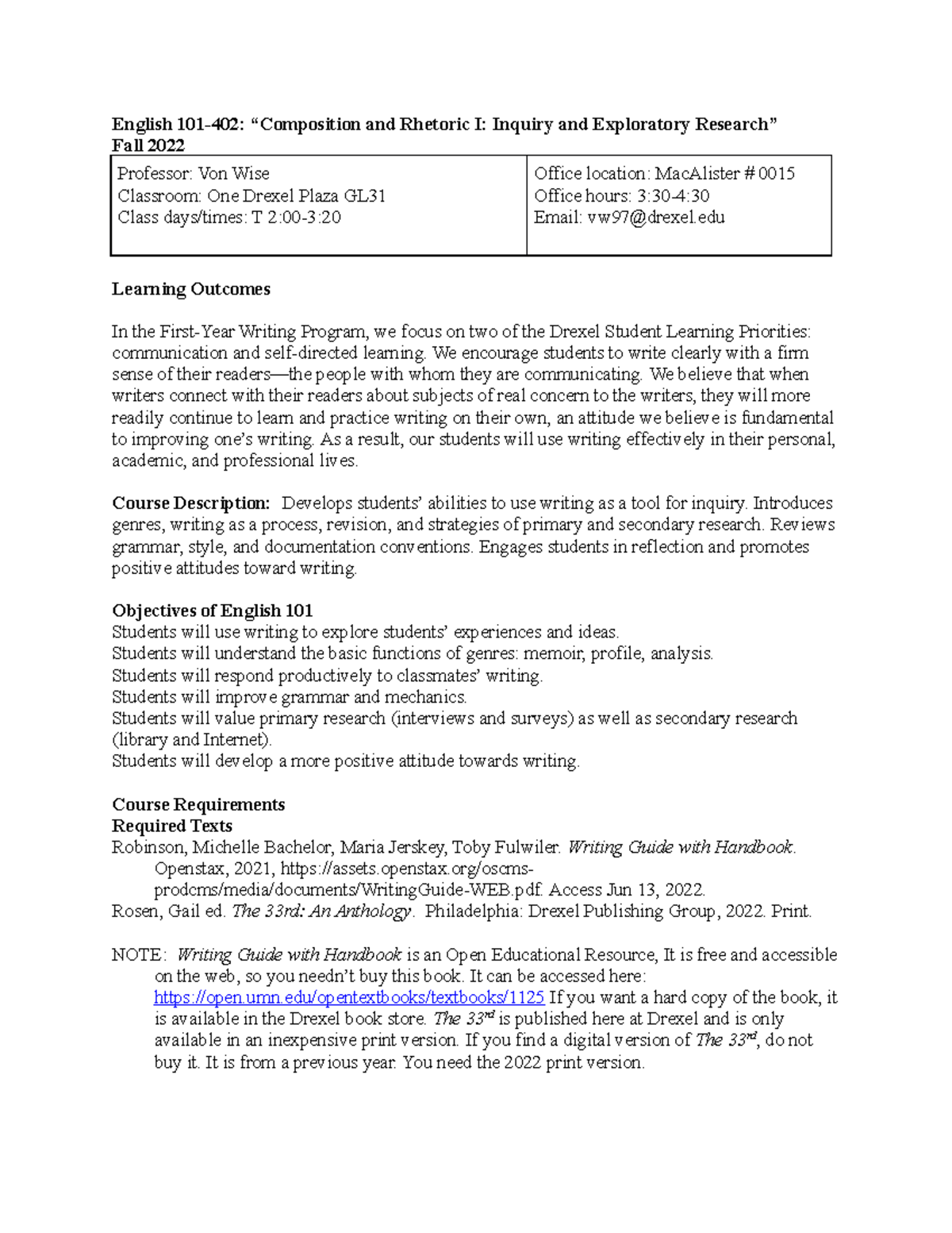 ENGL 101-402 Syllabus: Composition & Rhetoric I Overview - Studocu