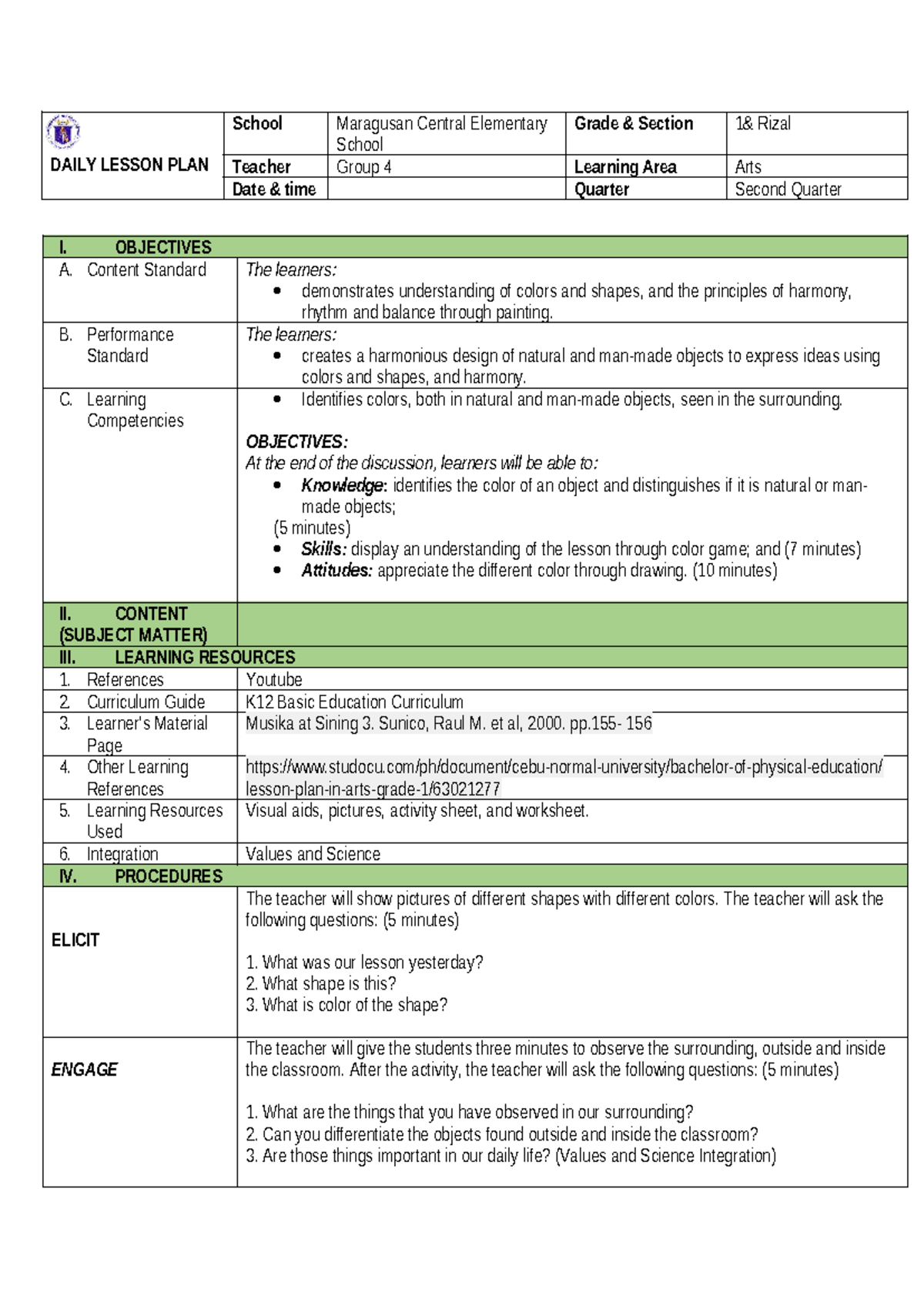 7ES - Semi-Detailed Lesson Plan for Arts (Grade 1) - 2nd Quarter - Studocu