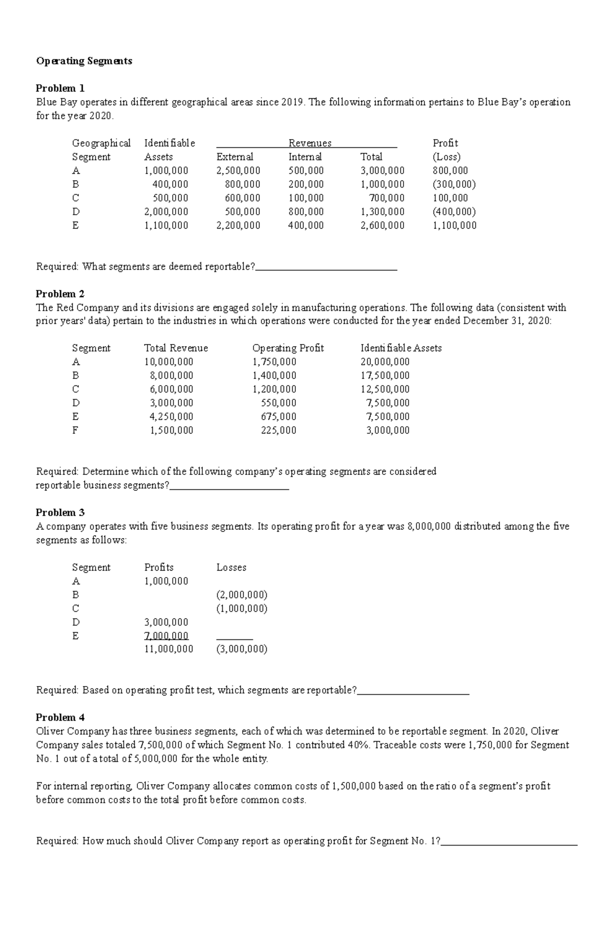 Operating Segments Exercises - Reportable Segment Analysis 2020 - Studocu
