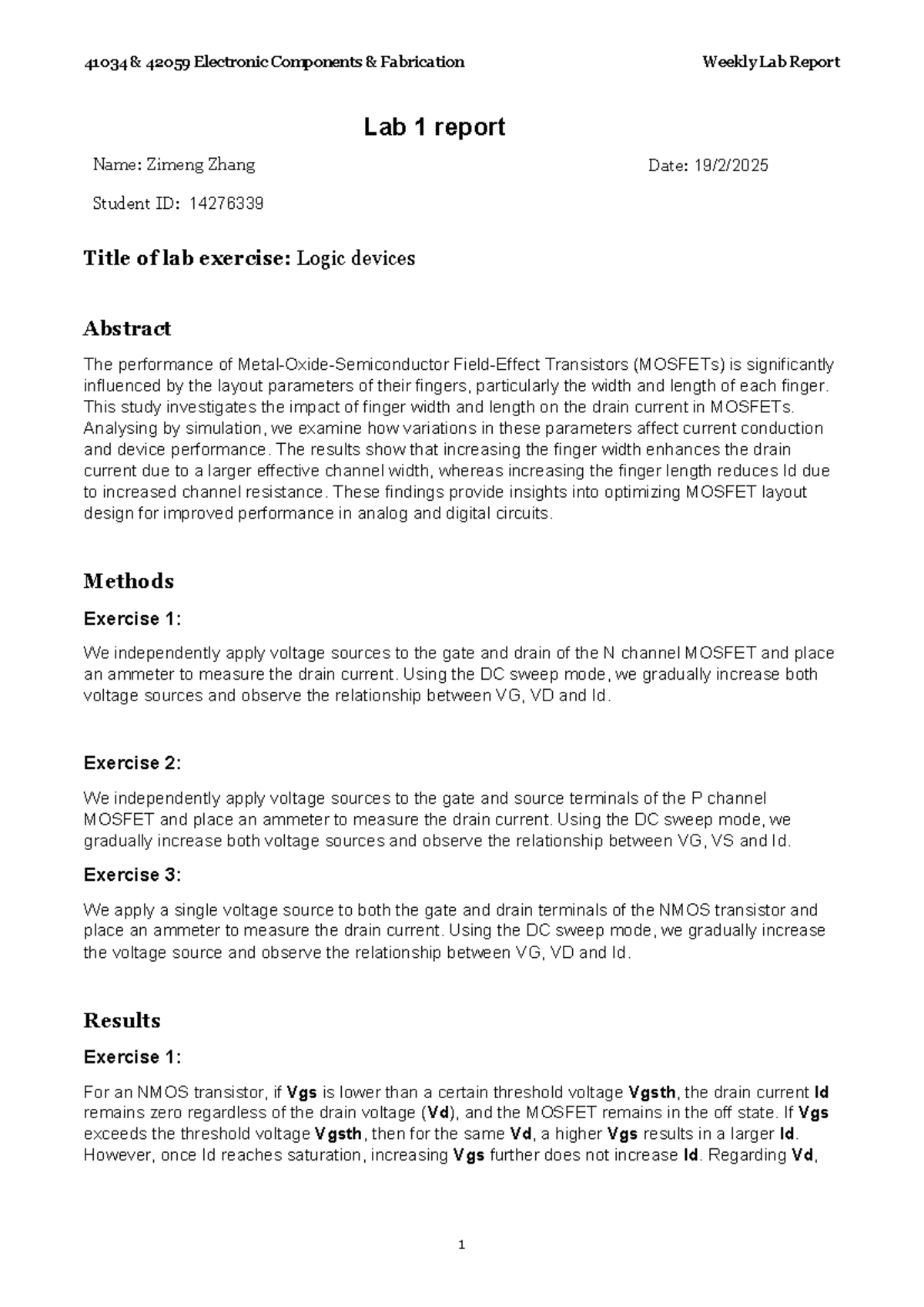 Lab1 Report: Impact of Layout Parameters on MOSFET Performance - Studocu