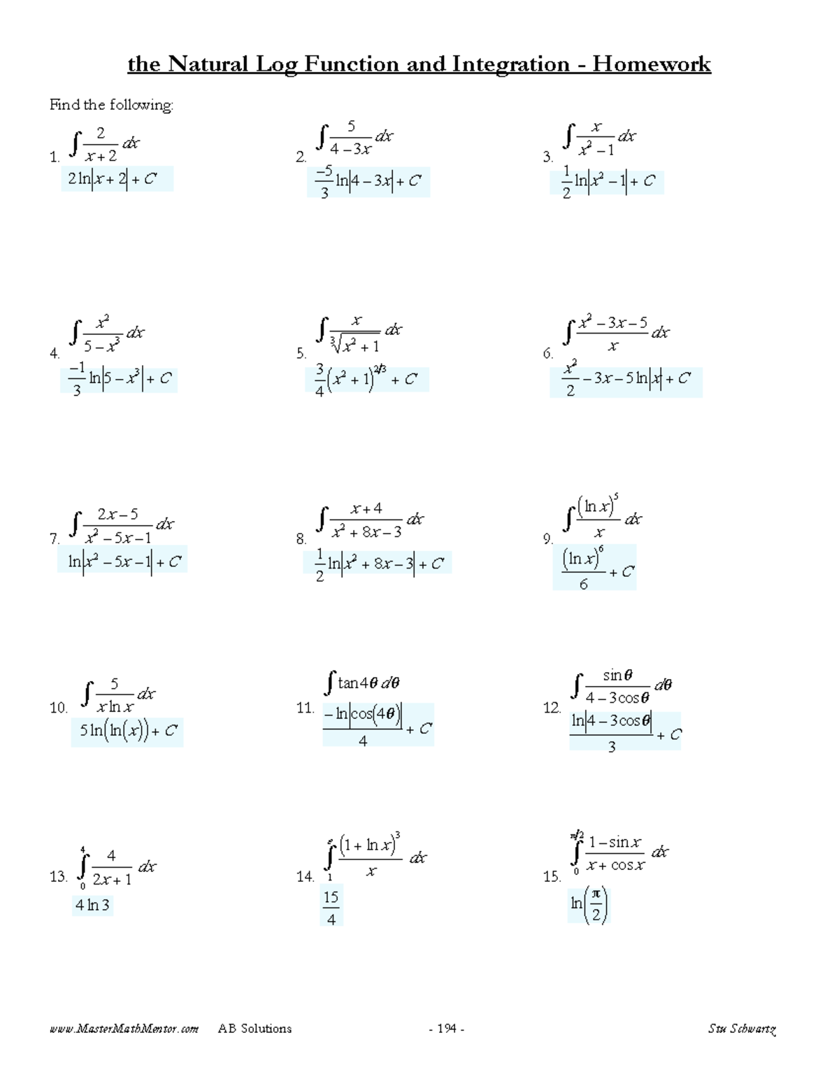 MATH 101: Natural Log Function Integration - Homework Solutions - Studocu