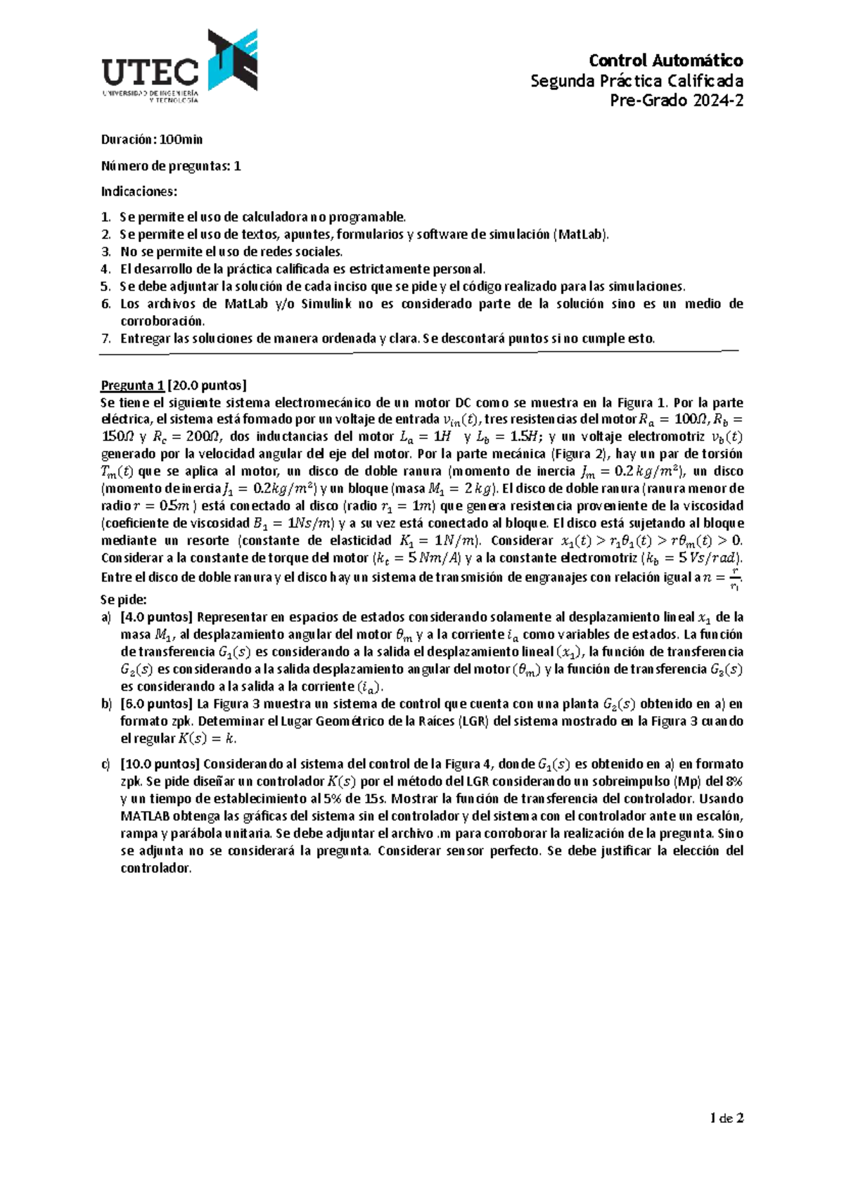 Segunda Práctica Calificada Control Automático 2024-2 S001 - Studocu