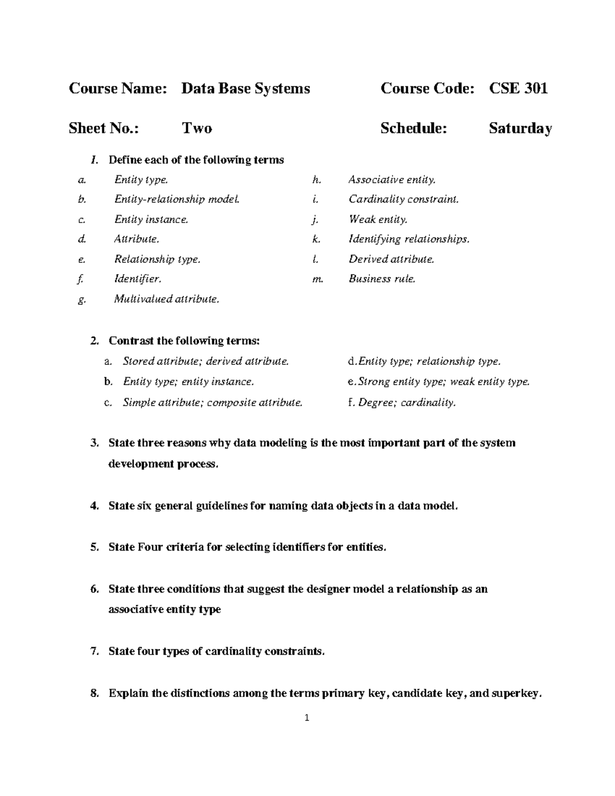 CSE 301 Data Base Systems: Sheet 02 Solutions and Key Concepts - Studocu
