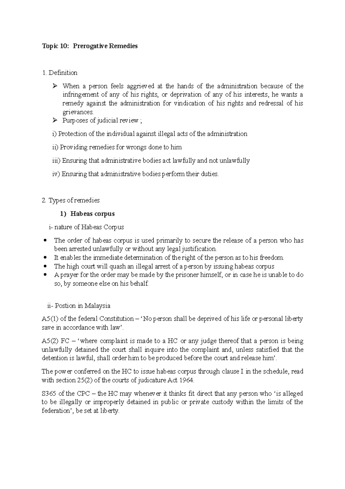 Prerogative Remedies in Administrative Law - Topic 10 Overview - Studocu