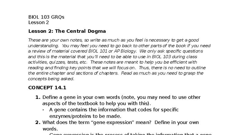 BIOL 103 GRQs Lesson 2: Understanding the Central Dogma Concepts - Studocu