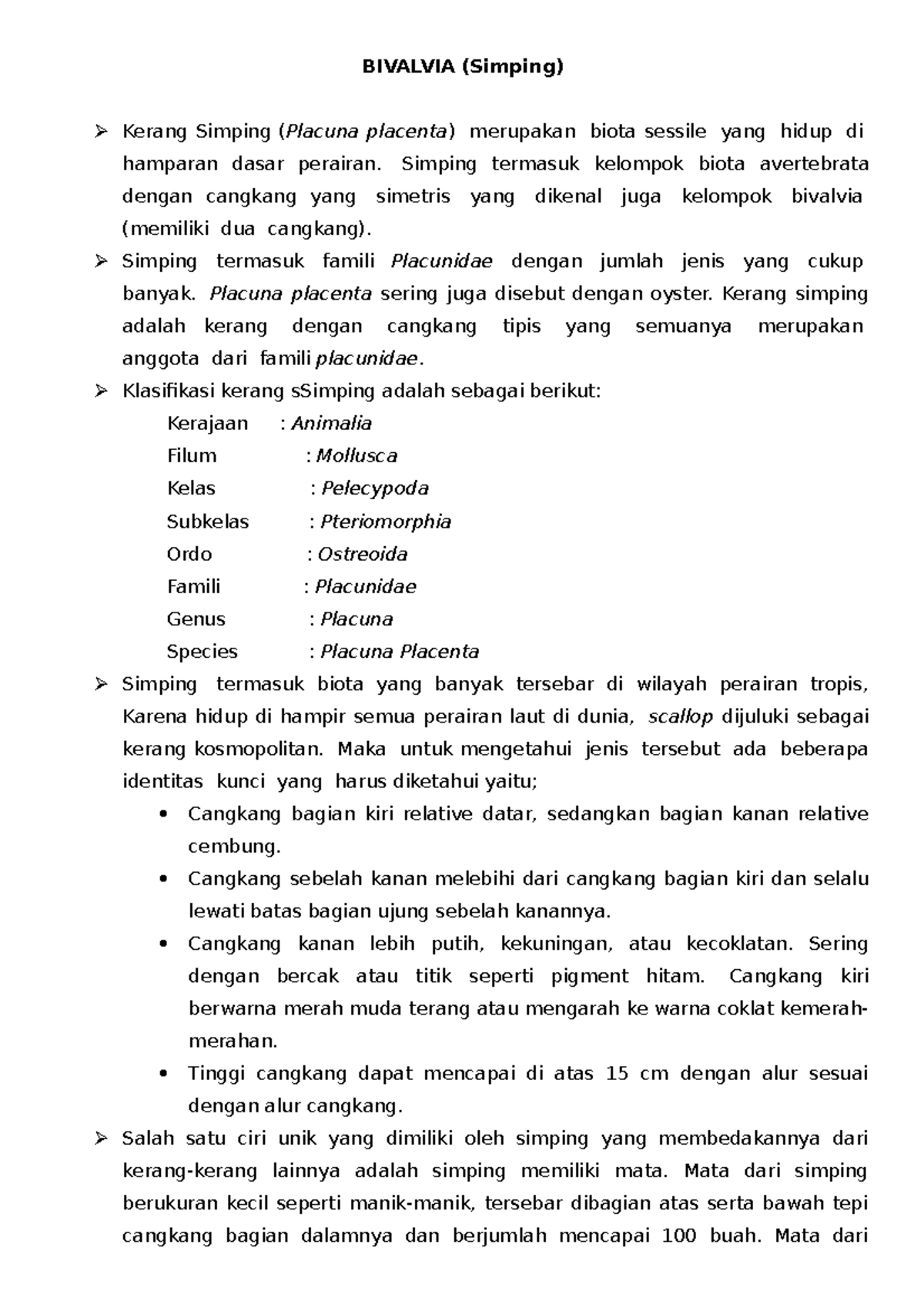 Bivalvia (Simping) - Ciri, Klasifikasi dan Habitus - Studocu