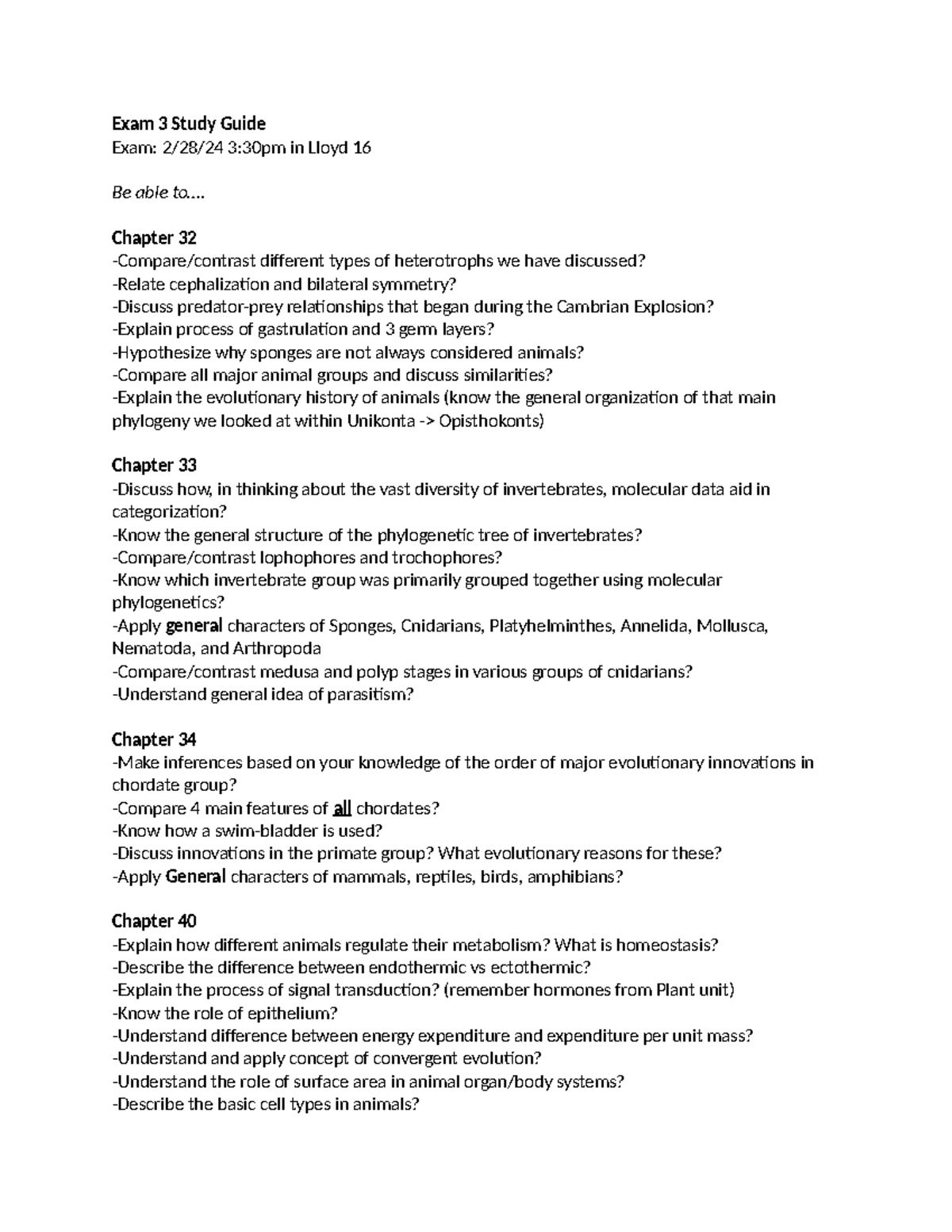 Exam 3 Study Guide Sp 24: Key Concepts in Animal Biology - Studocu